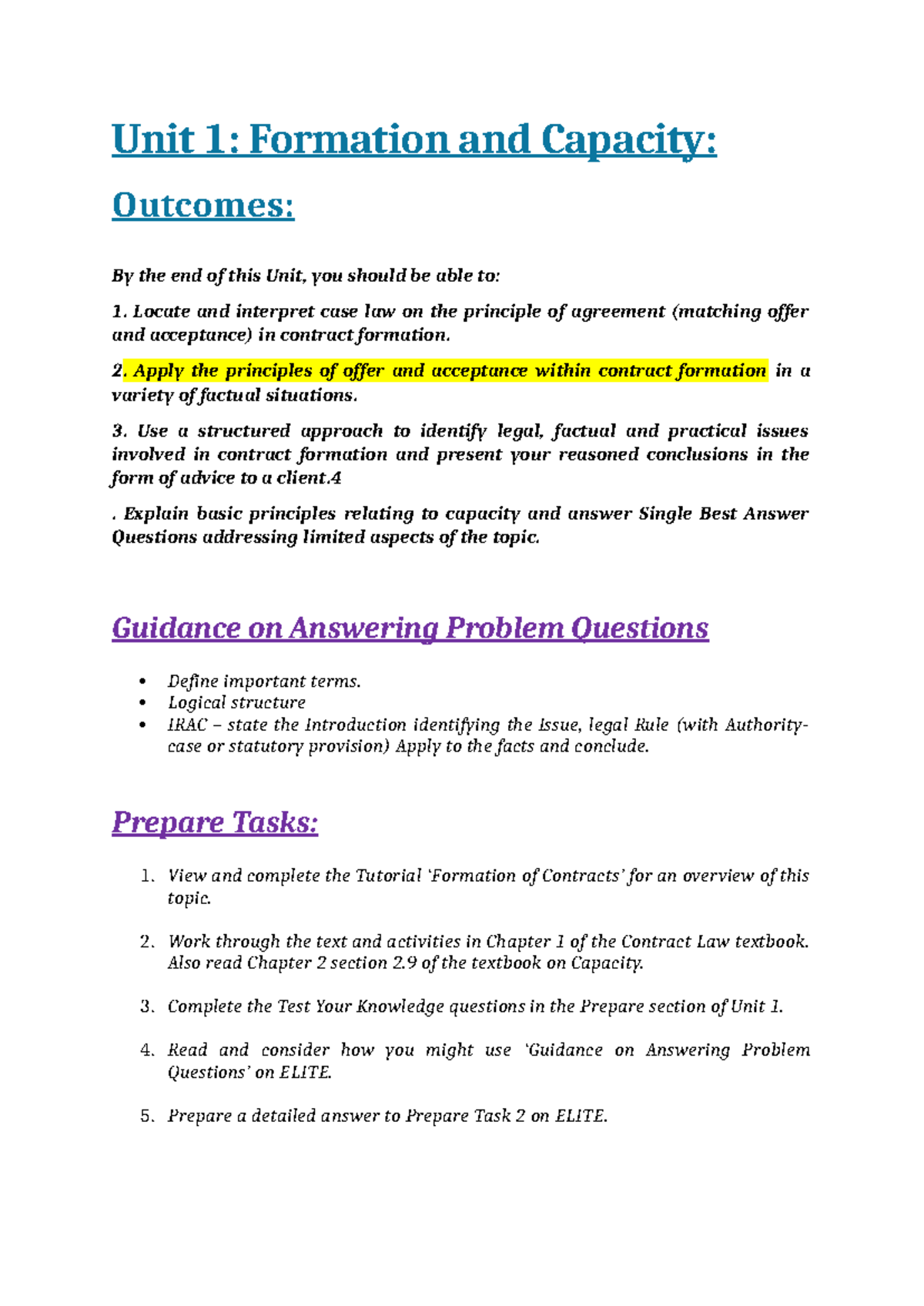Contract u1 - U1 - offer and acceptance - Unit 1: Formation and ...