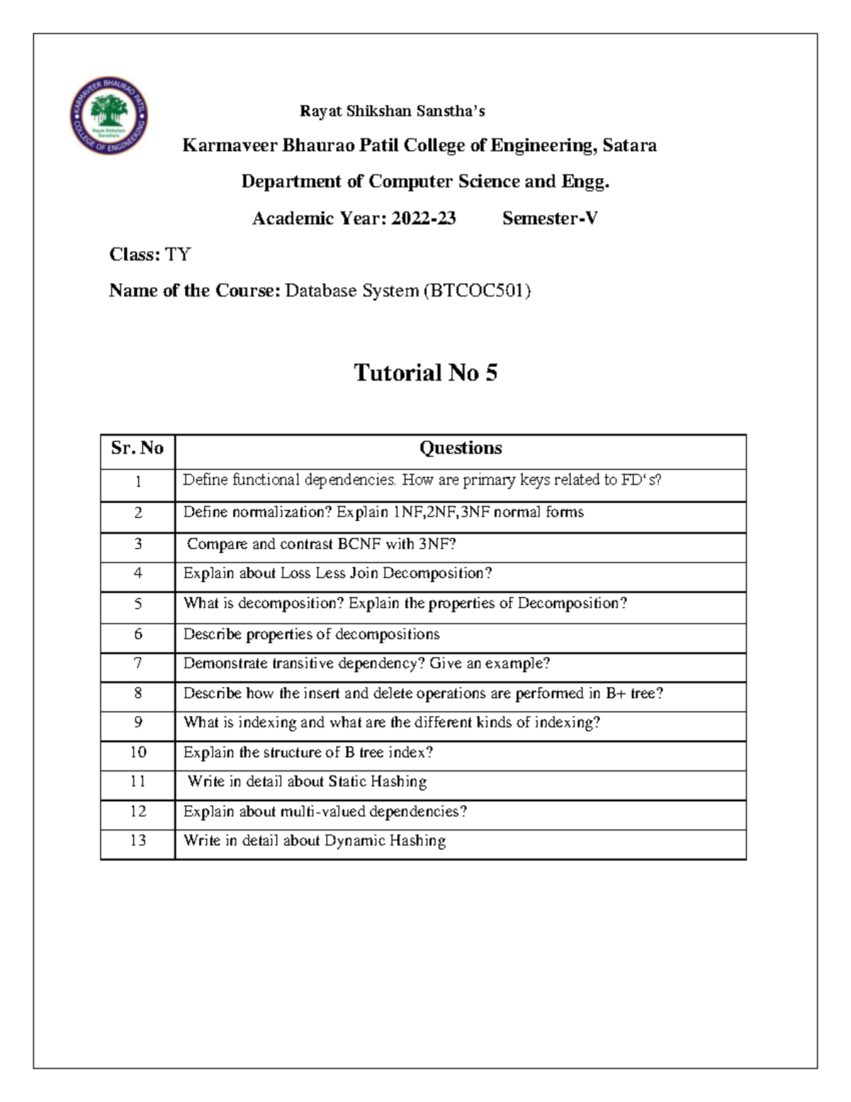 Tutorial 5 - Question bank - Rayat Shikshan Sanstha’s Karmaveer Bhaurao Patil College of - Studocu