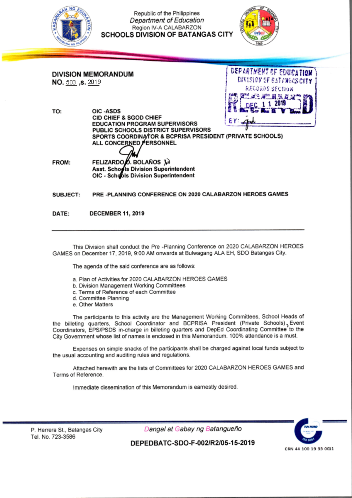Division Memorandum No - Republic of the Philippines Department of ...