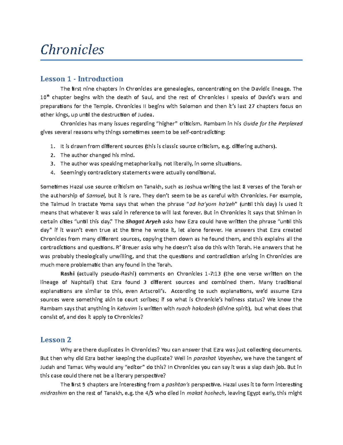 Chronicles Notes 2017 - Chronicles Lesson 1 - Introduction The first ...