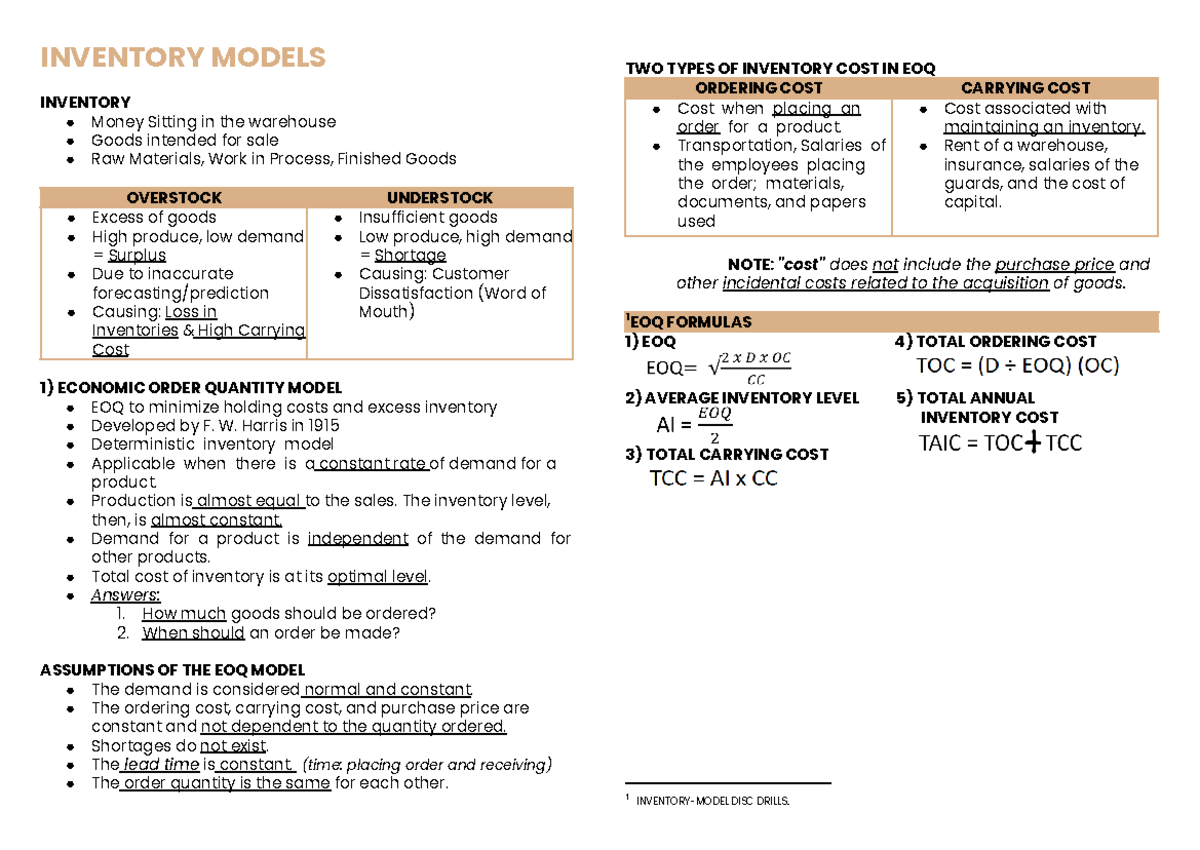 Finals - Lesson 4 Inventory Model - INVENTORY MODELS INVENTORY Money ...