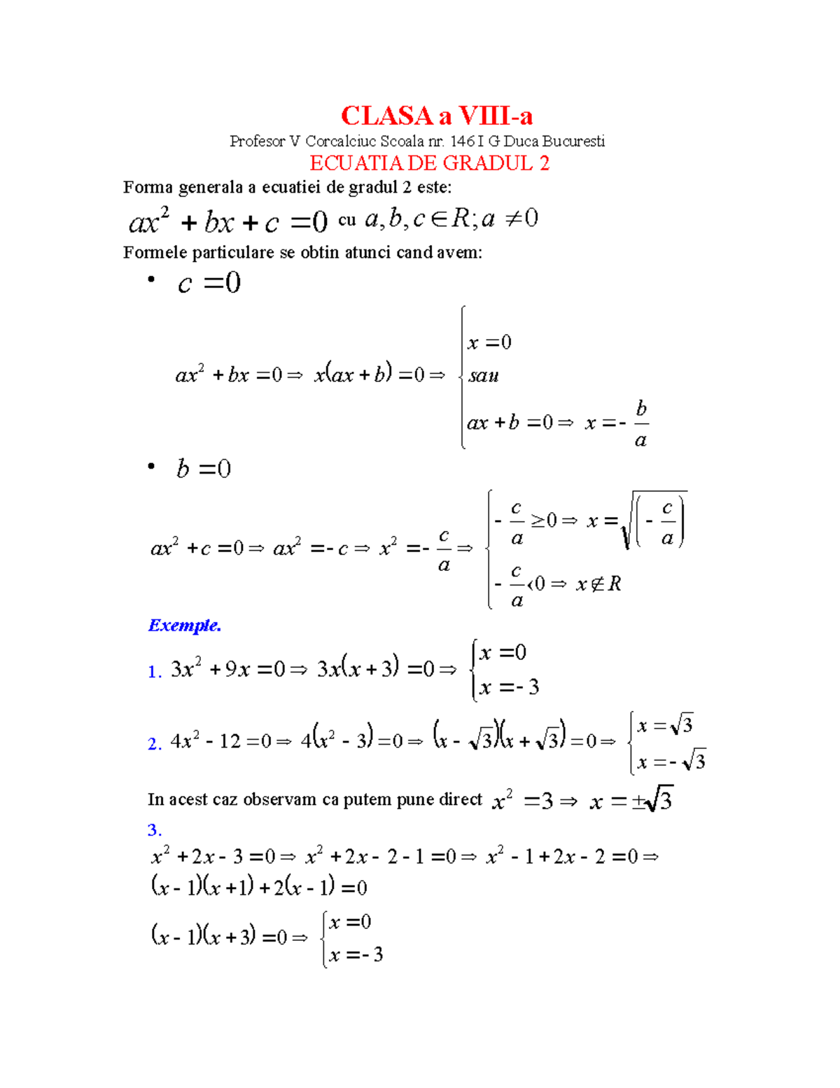 Ecuatia de gradul II pentru clasa a VIII a - CLASA a VIII-a Profesor V ...