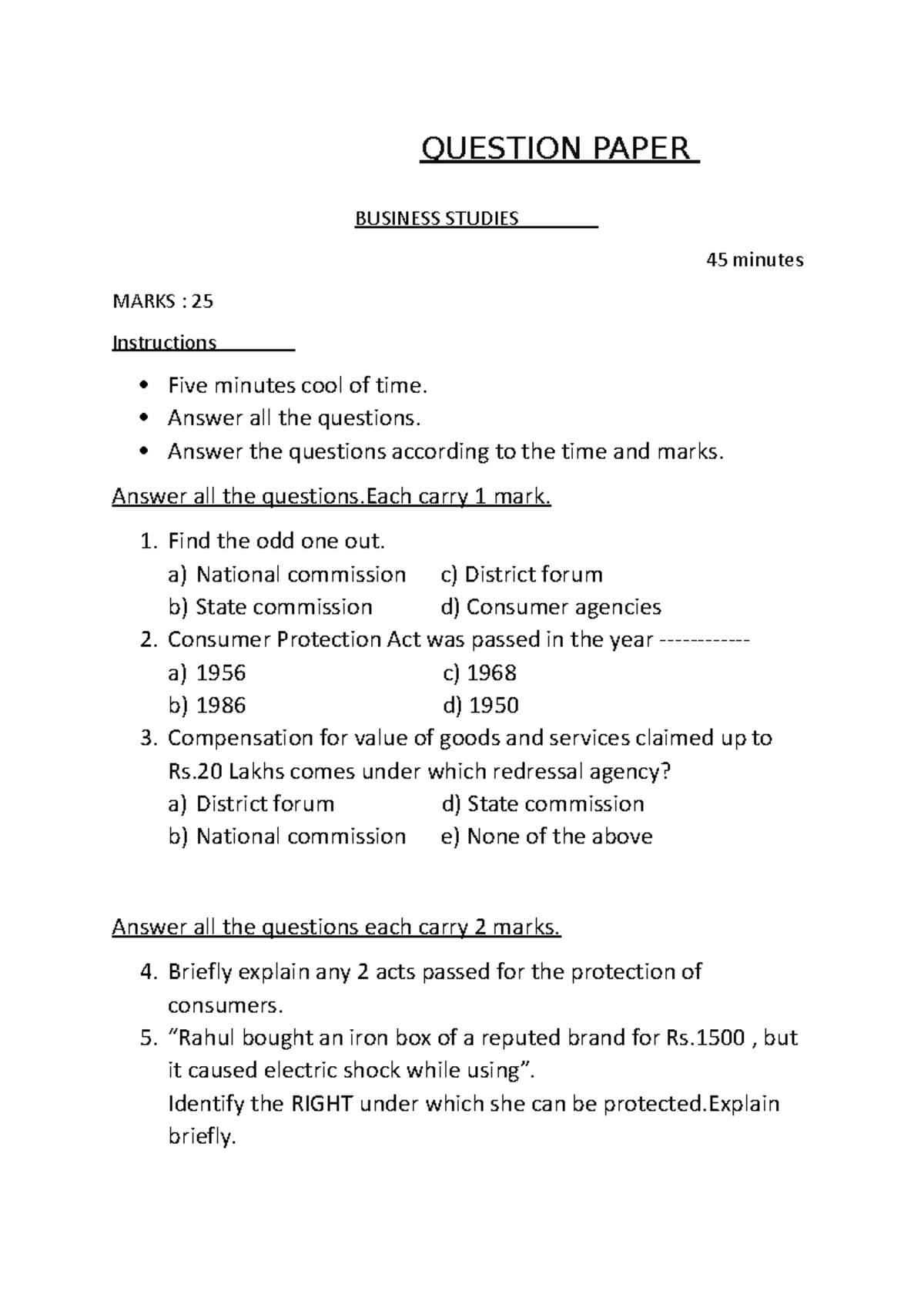 Question Paper 12 - business study - QUESTION PAPER BUSINESS STUDIES 45 ...