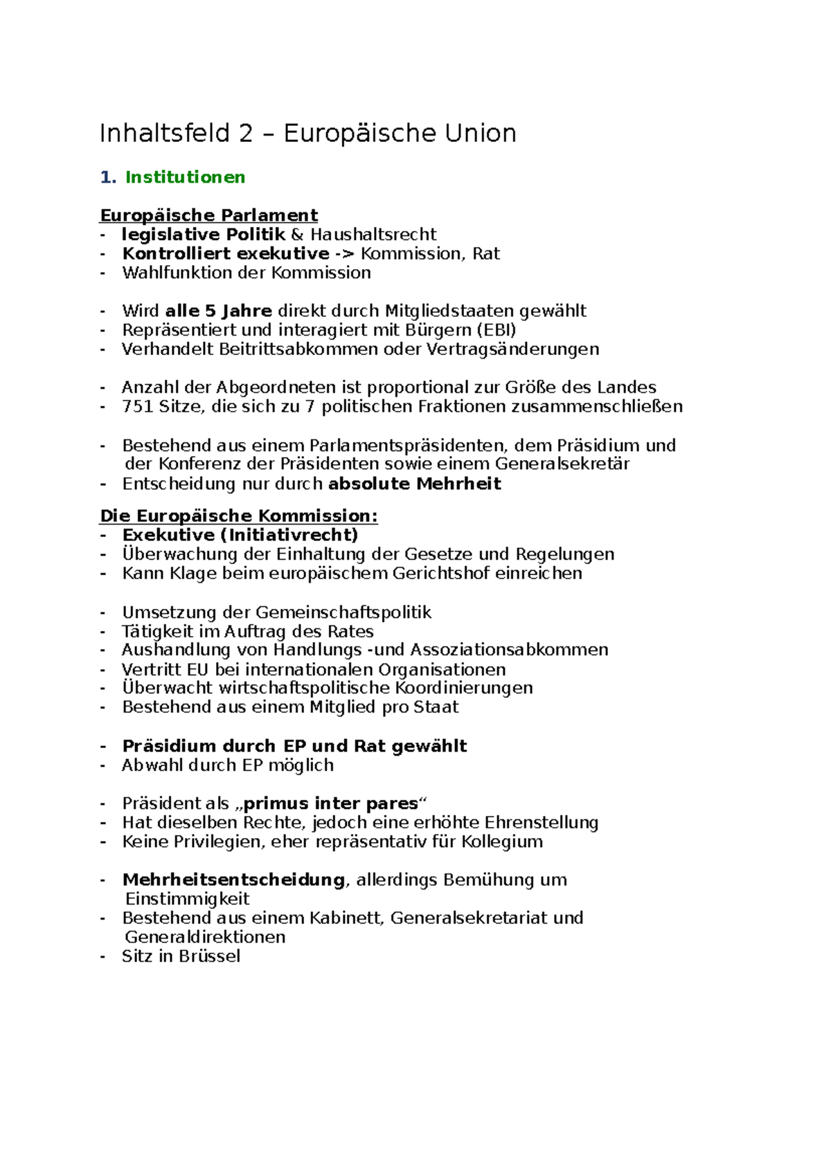 Feld 2 - EU - ABITUR - Inhaltsfeld 2 – Europäische Union 1 Europäische Parlament legislative ...