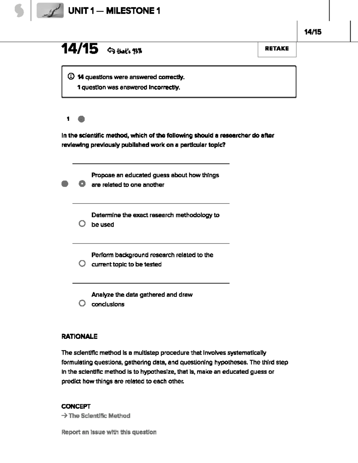 Milestone 1 - UNIT 1 MILESTONE 1 RETAKE i 14 questions were answered ...