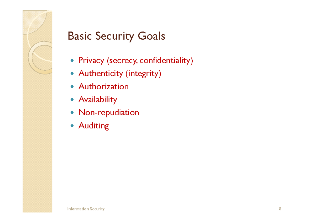 Introduction 01 - Basic Security Goals Privacy (secrecy ...