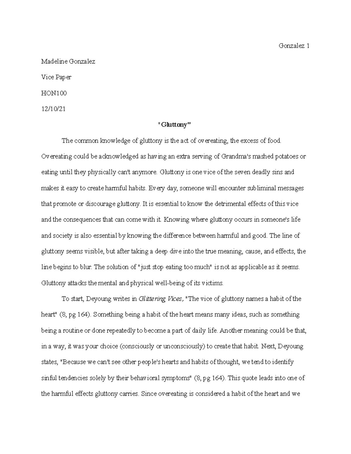 Vice paper - Madeline Gonzalez Vice Paper HON 12/10/ "Gluttony" The ...