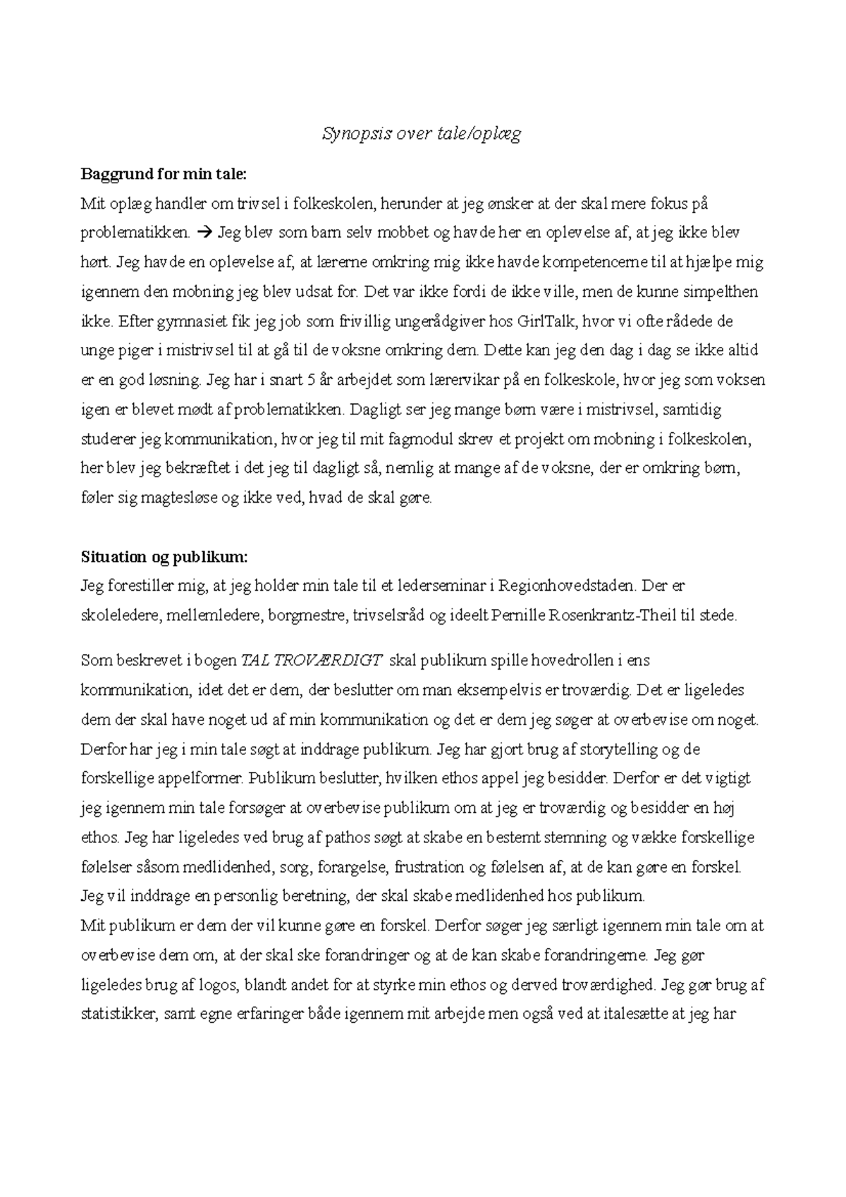 Mundtlig retorik - Eksamen skriftlige del - Synopsis over tale/oplæg ...