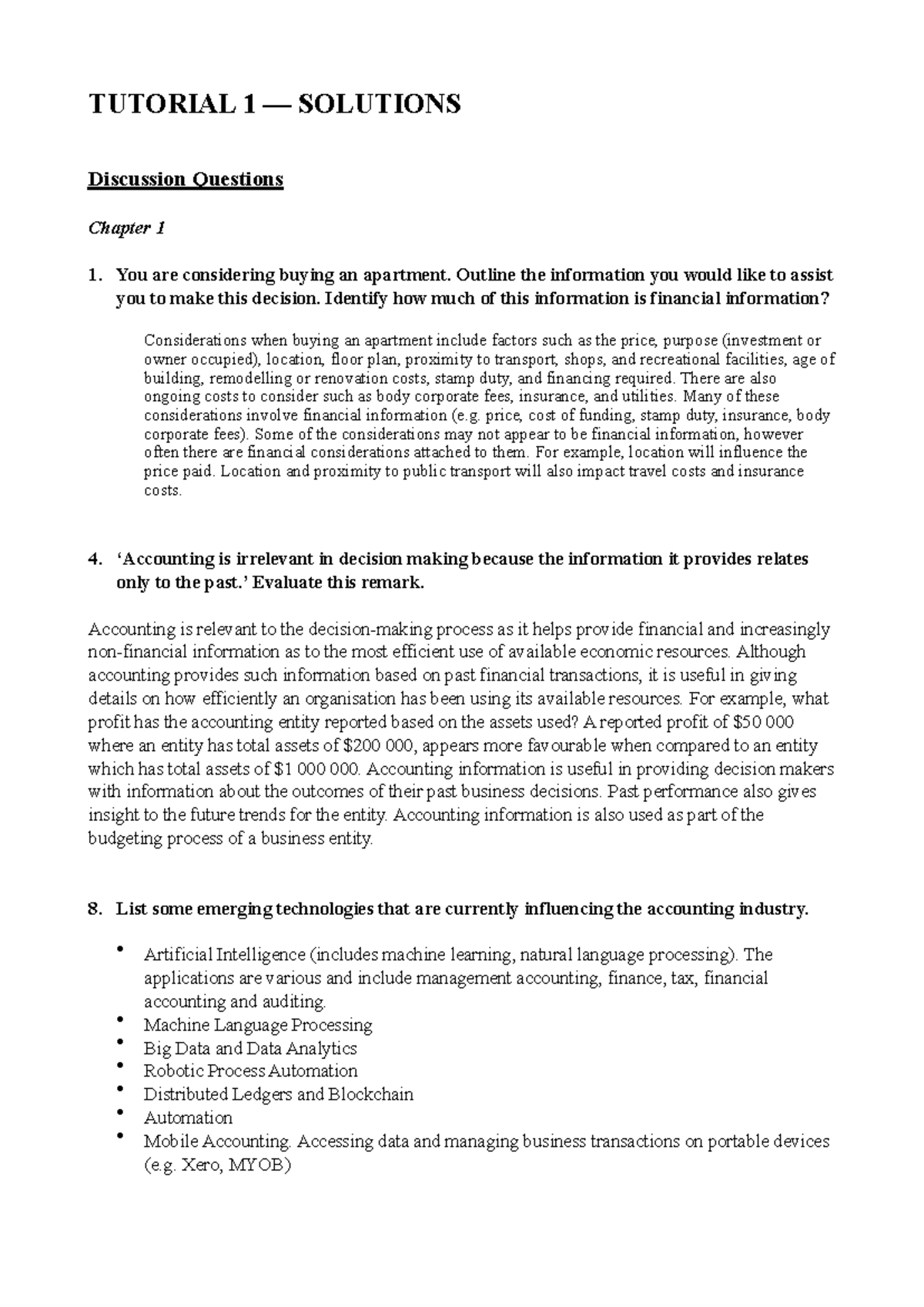 Tutorial 1 - Solutions - TUTORIAL 1 — SOLUTIONS Discussion Questions Chapter 1 1. You are - Studocu
