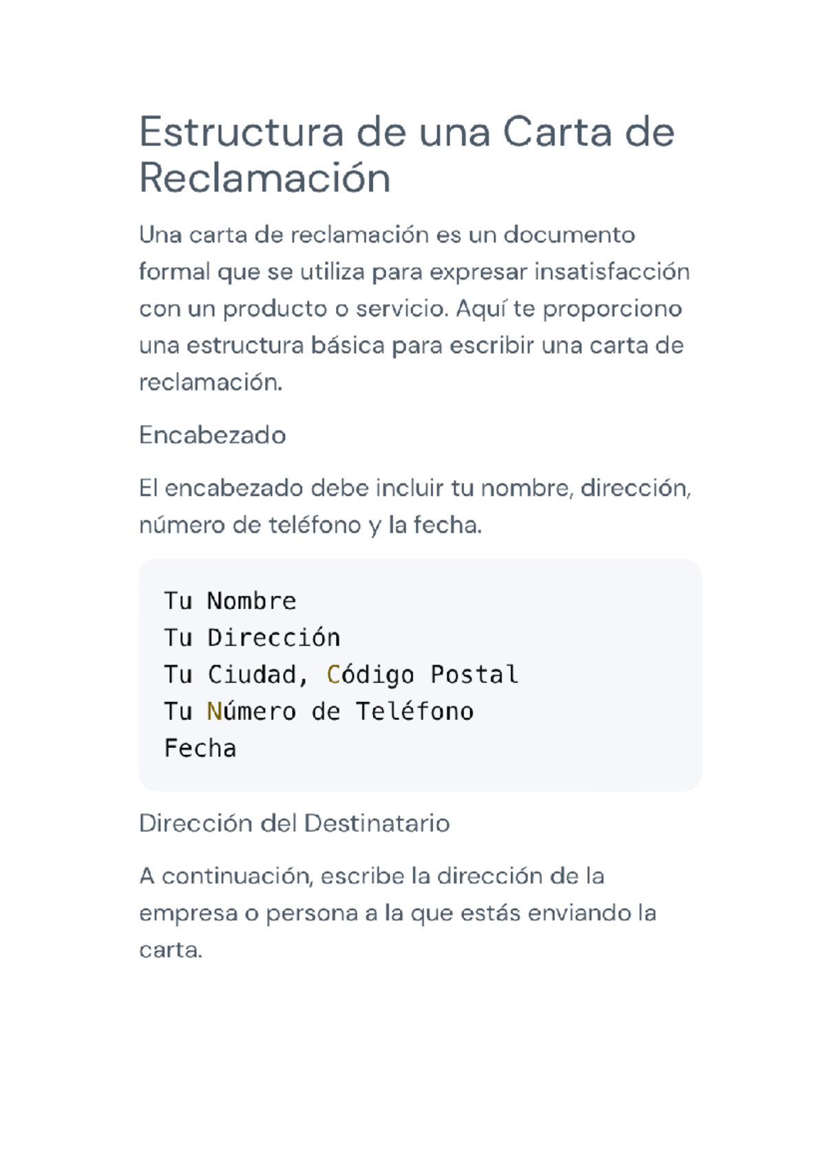 La carta de reclamacion - Estructura de una Carta de Reclamación Una ...