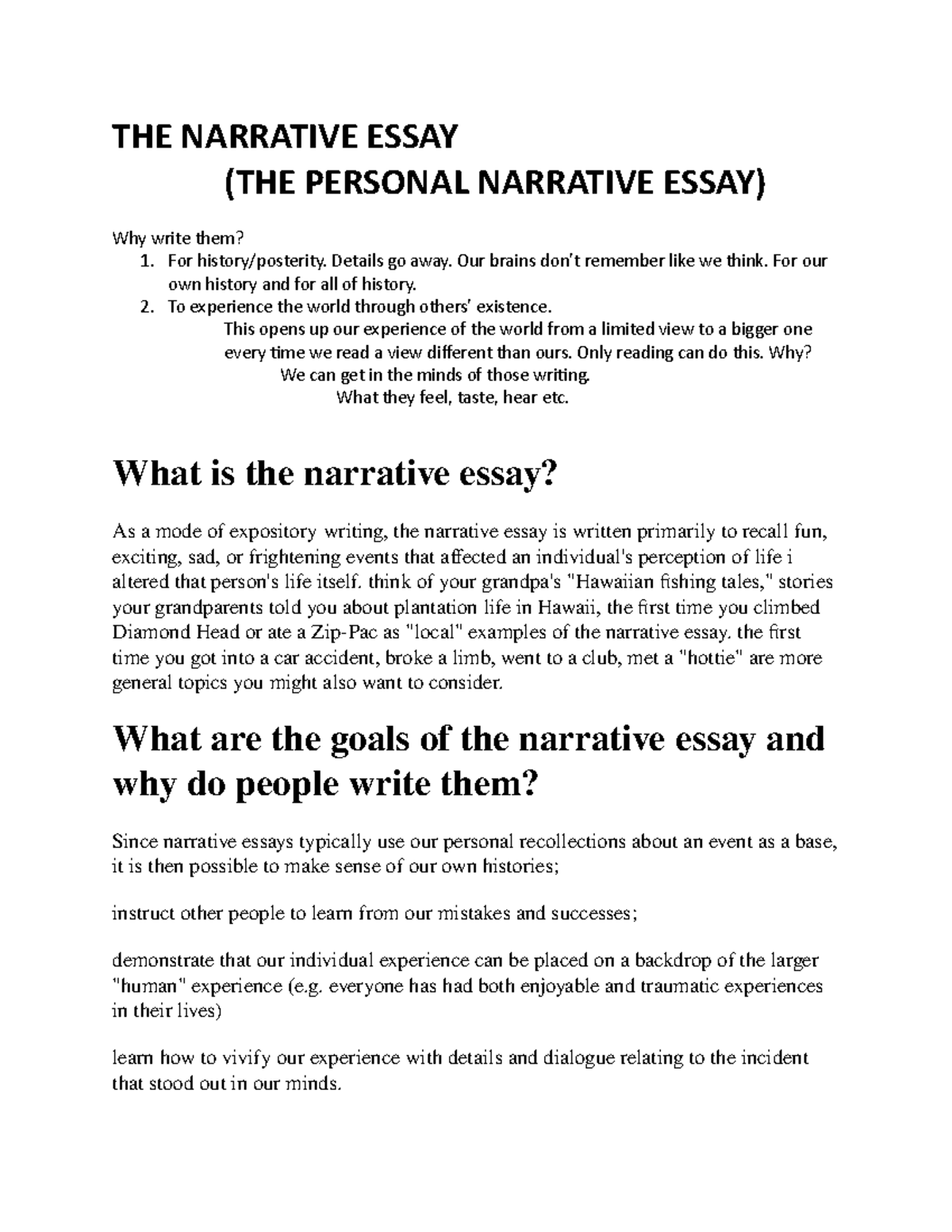 THE Narrative Essay - Lecture notes 1 - THE NARRATIVE ESSAY (THE ...