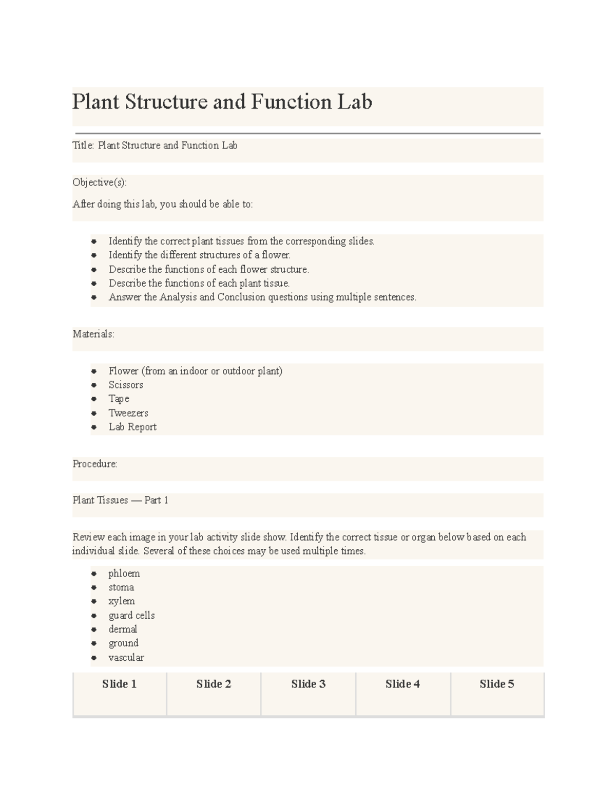 Untitled document - plants lab - Plant Structure and Function Lab Title: Plant Structure and ...