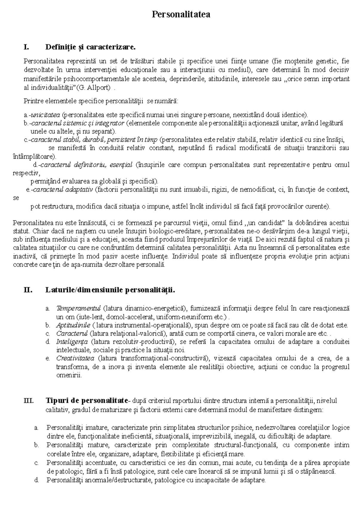 6. Personalitatea - Personalitatea I. Definiție și caracterizare ...