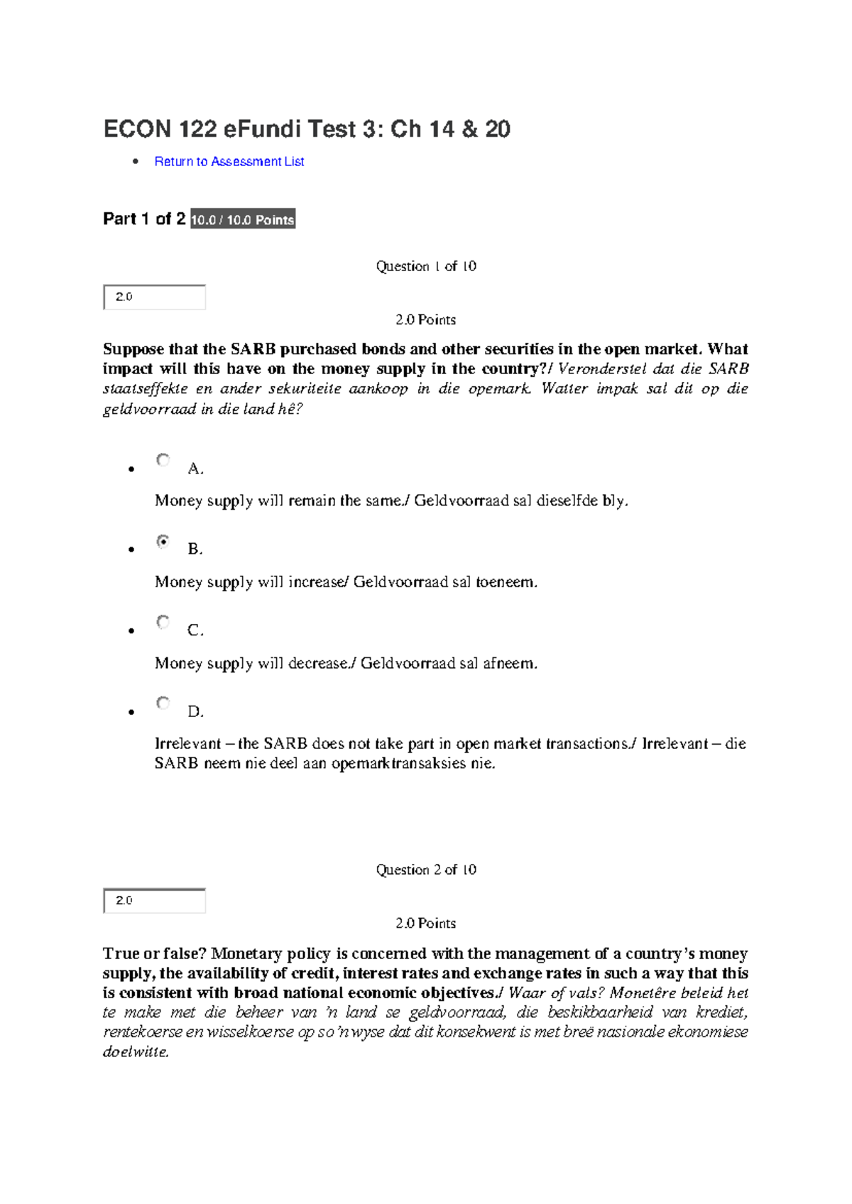 ECON 122 e Fundi Test 3 - Practice material for quiz - ECON 122 eFundi ...