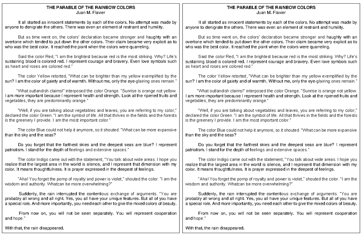 THE Parable OF THE Rainbow Colors - THE PARABLE OF THE RAINBOW COLORS ...