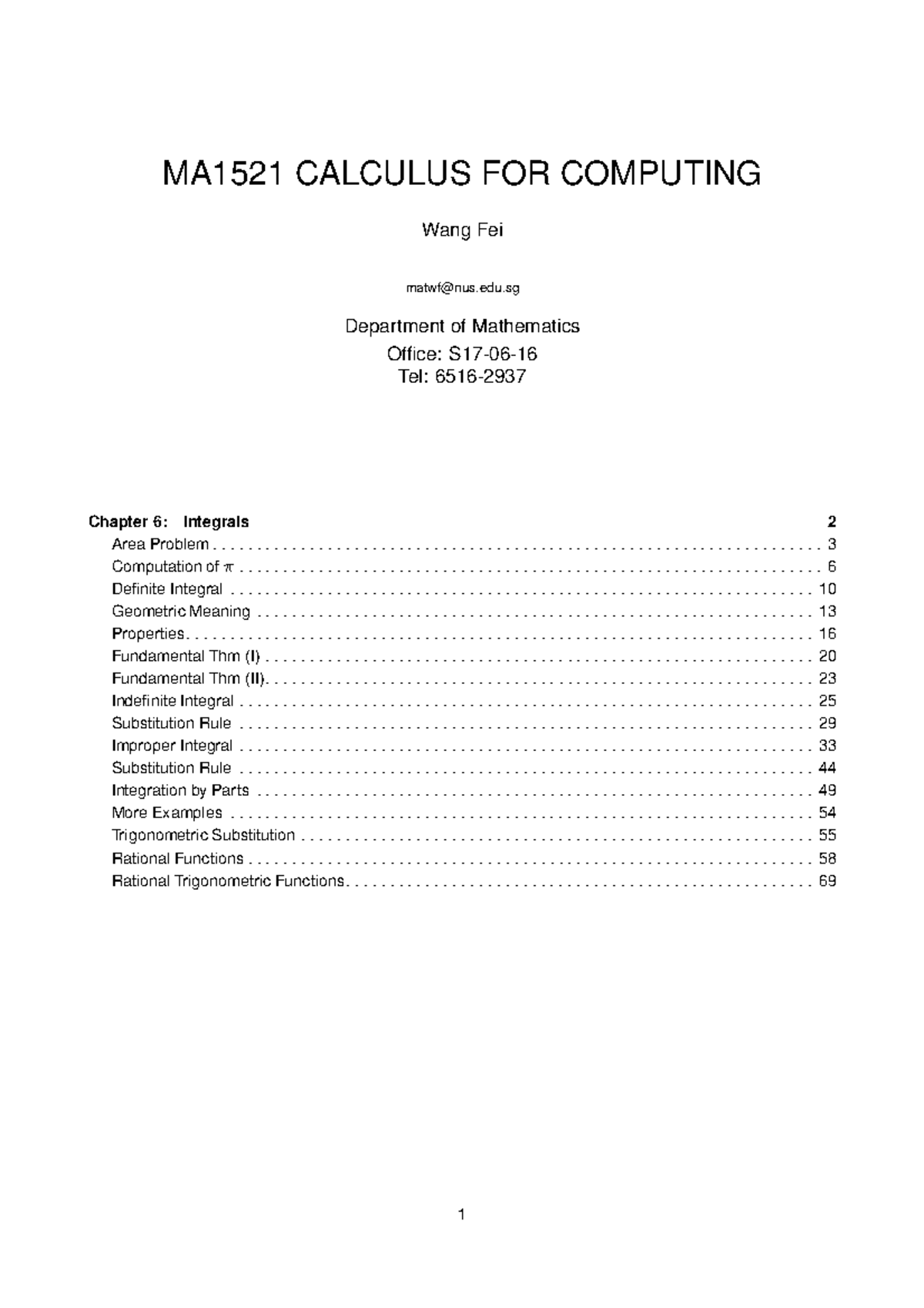 MA1521Chap6-1 - material - MA1521 CALCULUS FOR COMPUTING Wang Fei matwf@nus.edu - Office: S17-06 ...