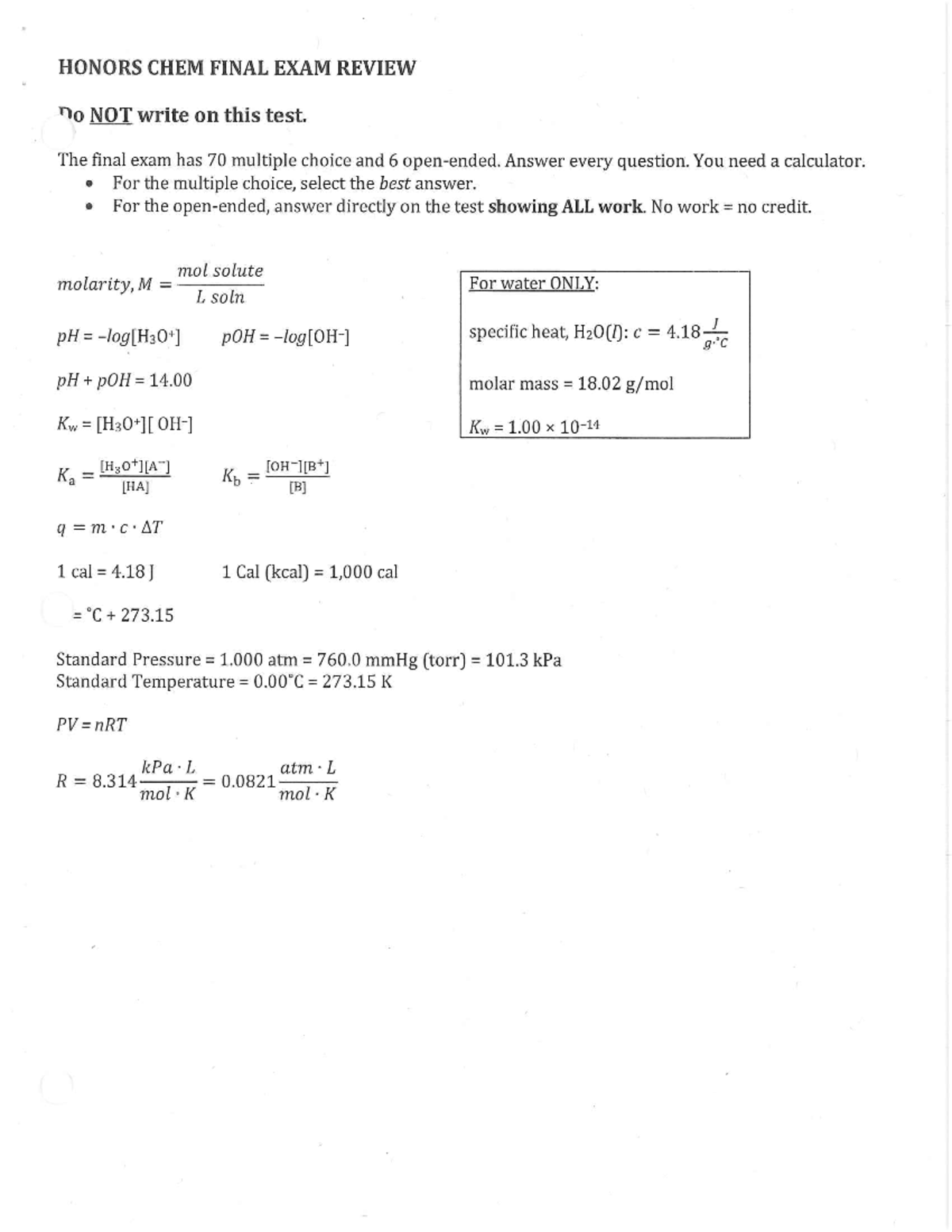 Honors Chemistry Final Review 2023 - Studocu