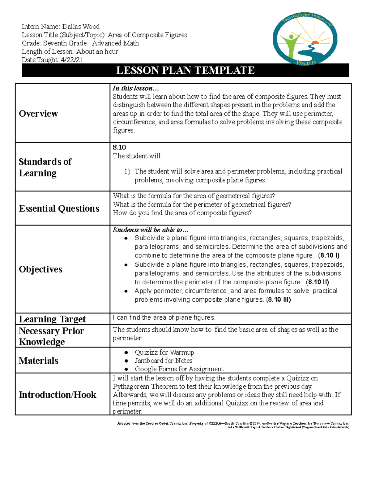 504765148 lesson plan area of composite figures - Intern Name: Dallas ...