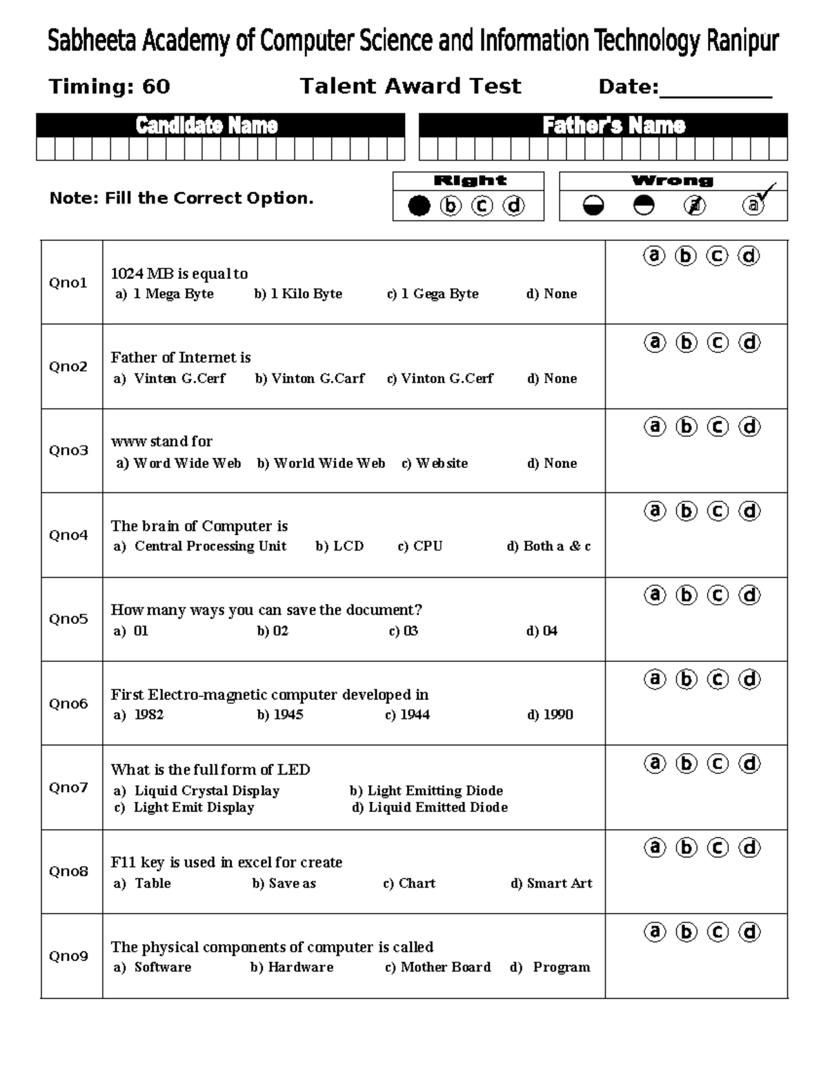Talent Award Test Question Paper - Timing: 60 Talent Award Test Date ...