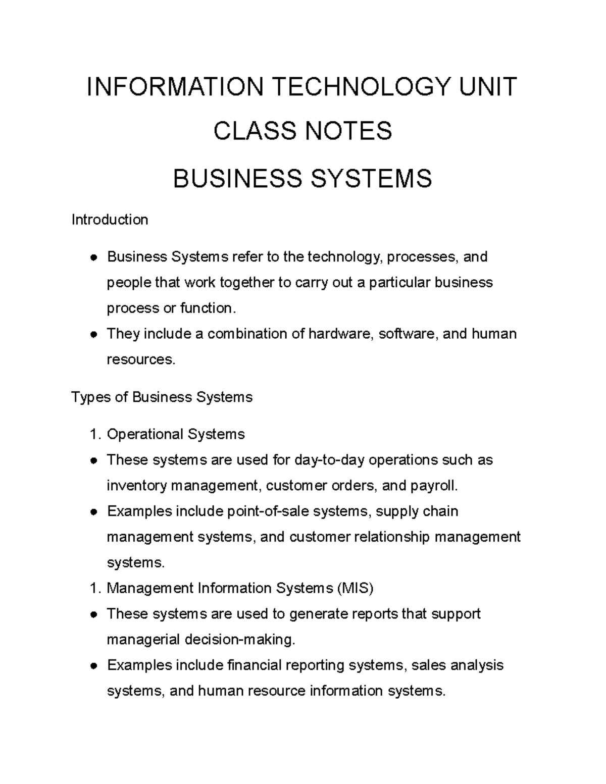 Information Technology Unit Class Notes Information Technology Unit Class Notes Business