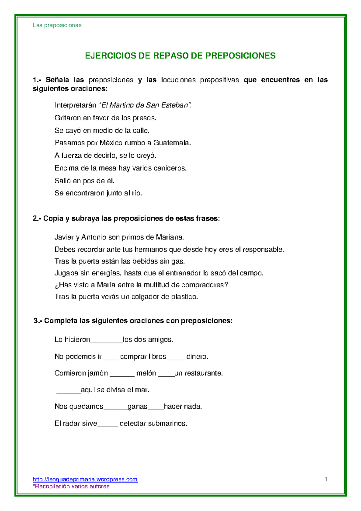 Preposiciones - Plan lector - lenguadeprimaria.wordpress 1 EJERCICIOS DE REPASO DE PREPOSICIONES ...