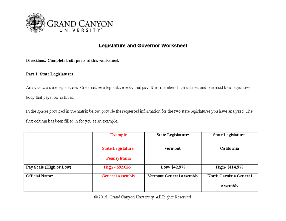 GOV-366 Topic 4 Worksheet - Legislature and Governor Worksheet ...