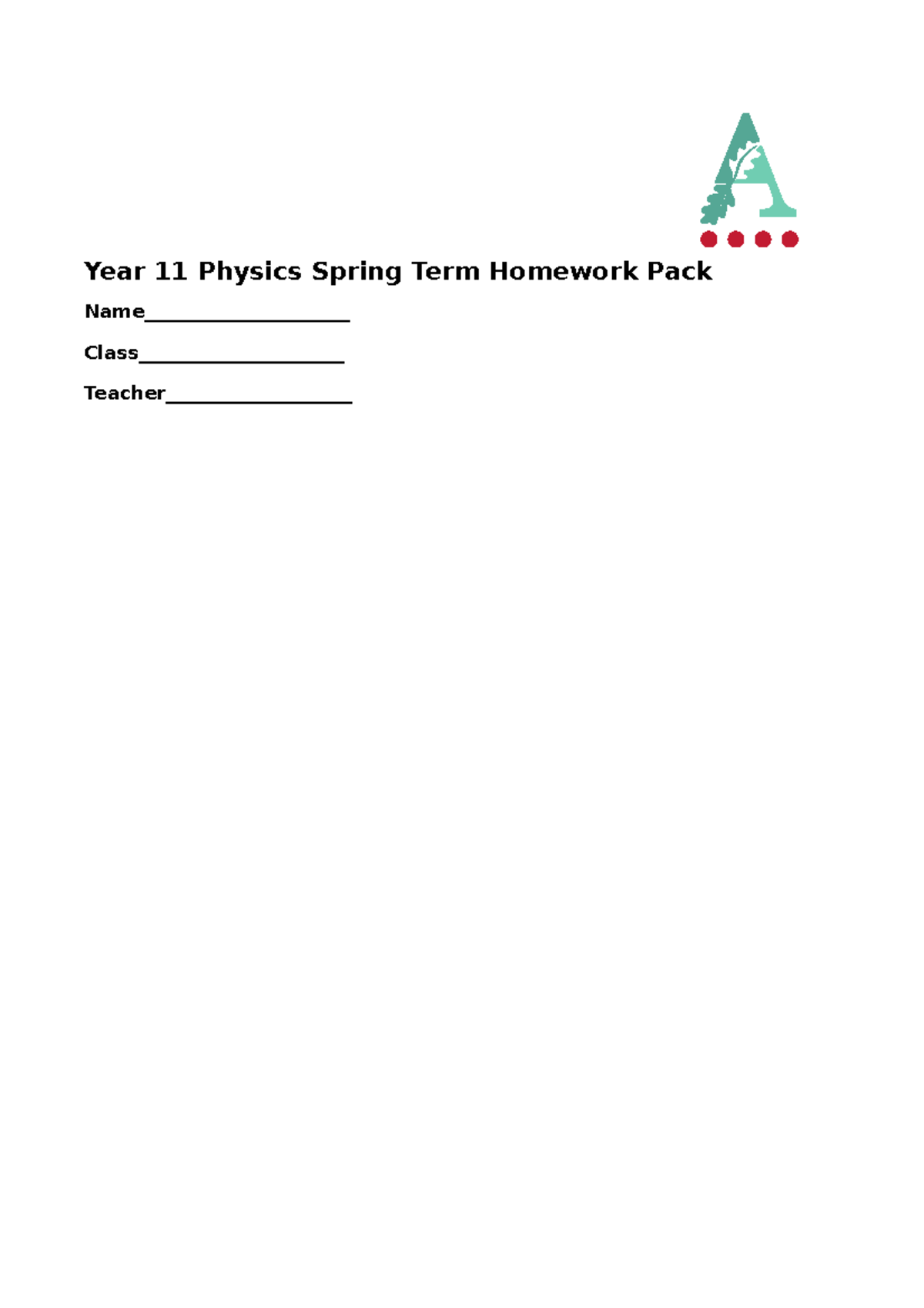 11. Y11 Physics Homework Pack Spring Term Print x230 printing - Year 11 ...
