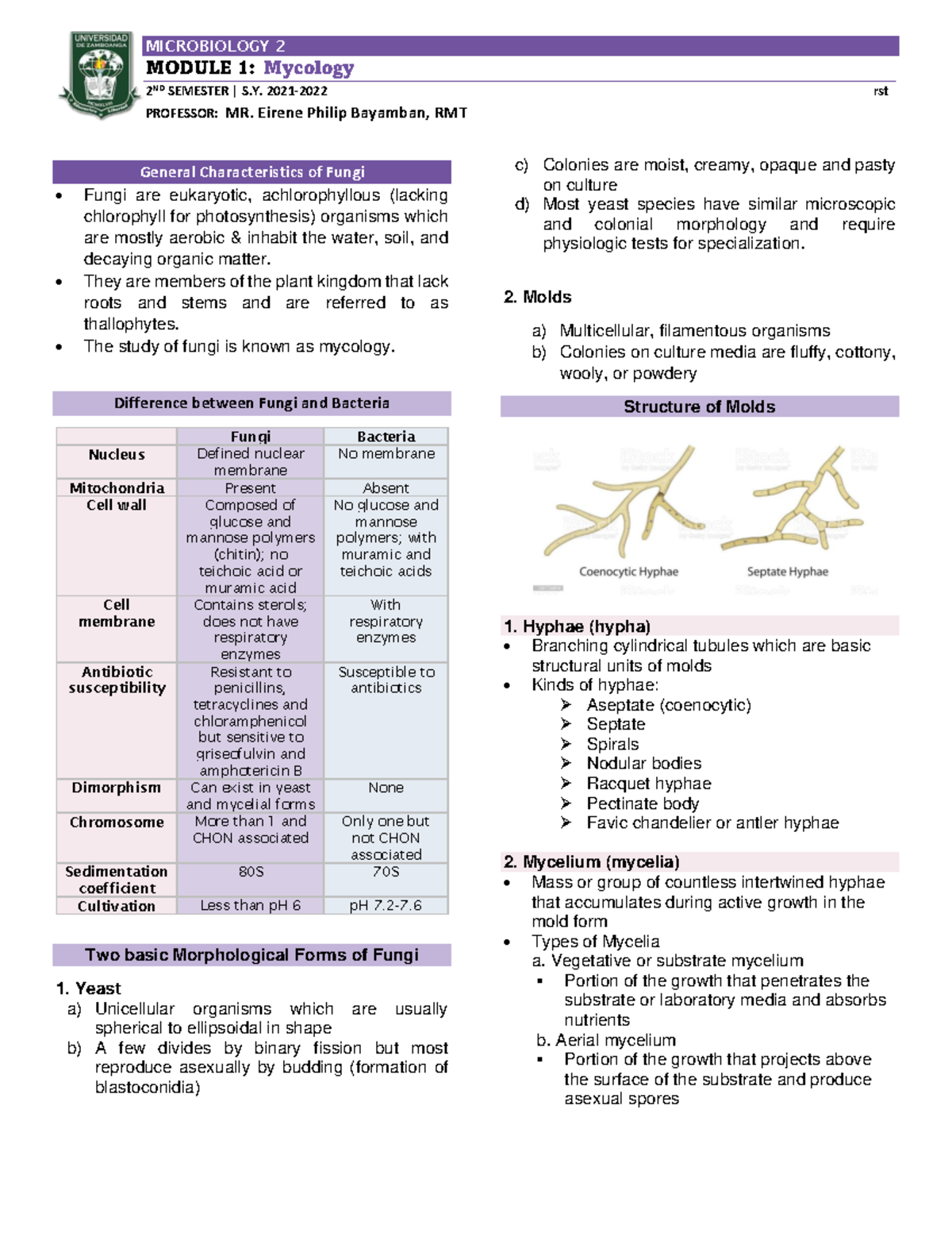 Microbiology 2 ( Mycology Outline) - General Characteristics of Fungi ...