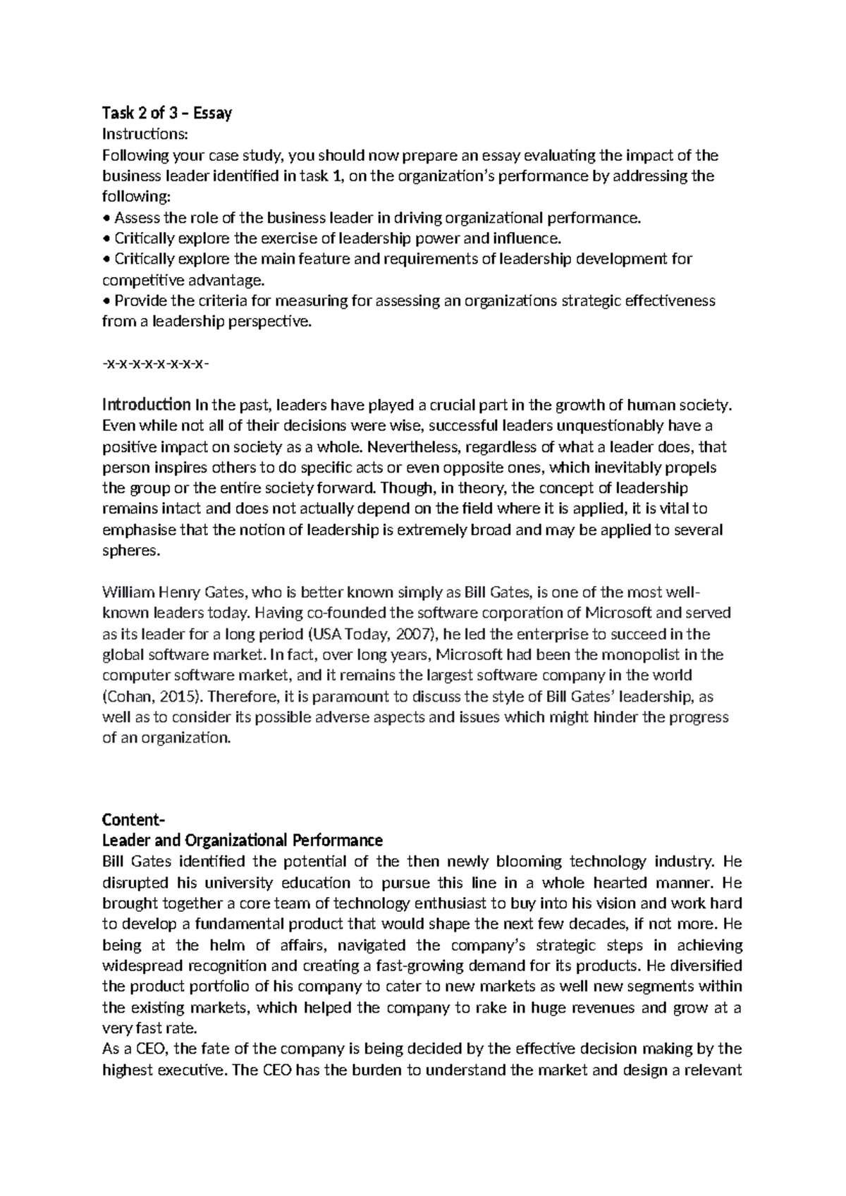 A2 - Practice - Task 2 of 3 – Essay Instructions: Following your case ...