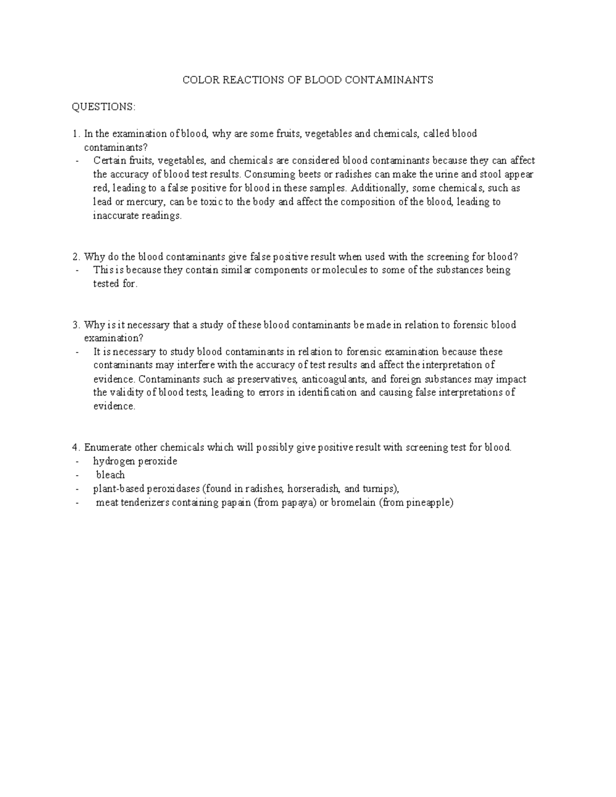 Color Reactions OF Blood Contaminants - COLOR REACTIONS OF BLOOD ...