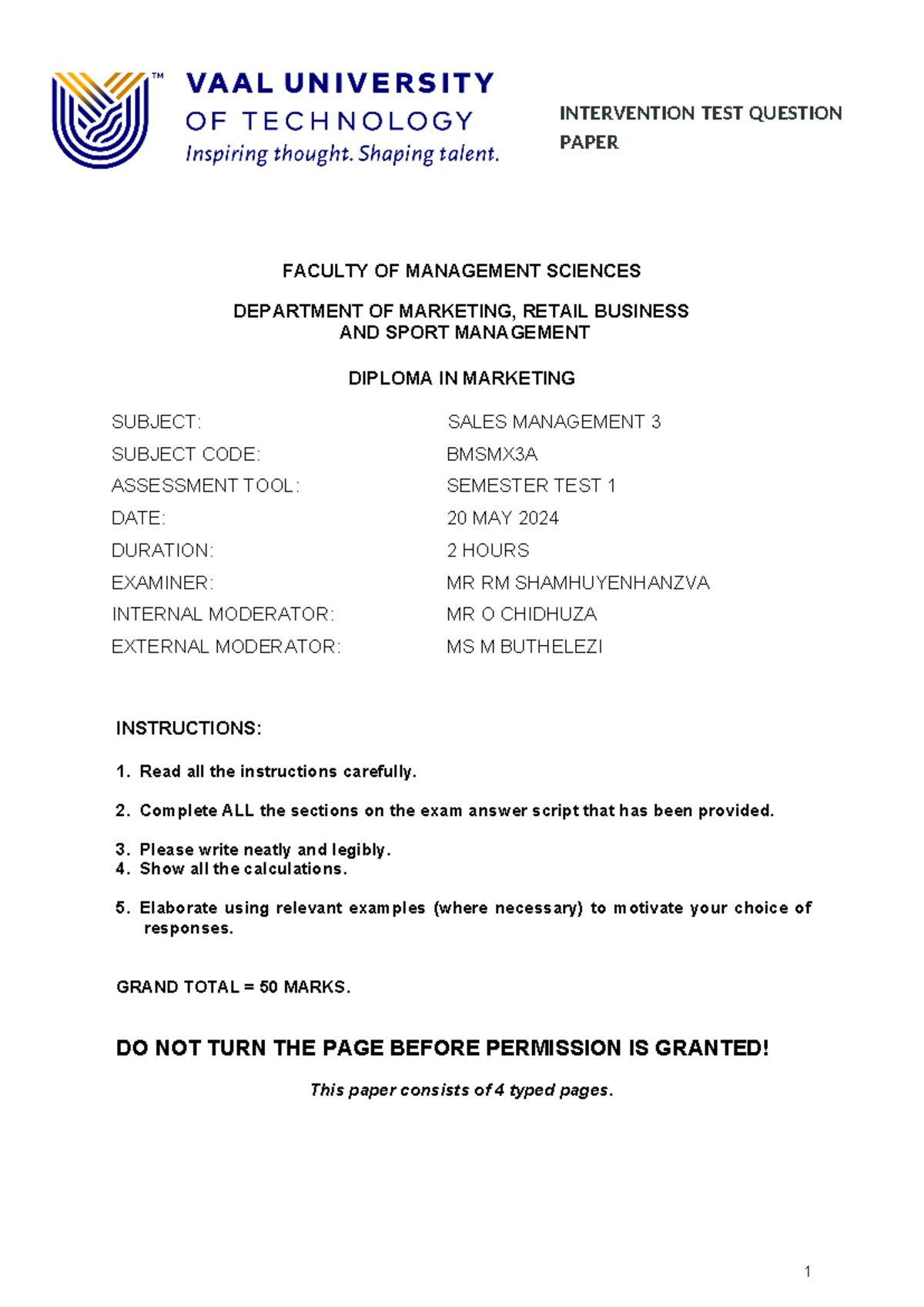 Sales Management 3 Semester 1 2024 Intervention Test Question Paper ...