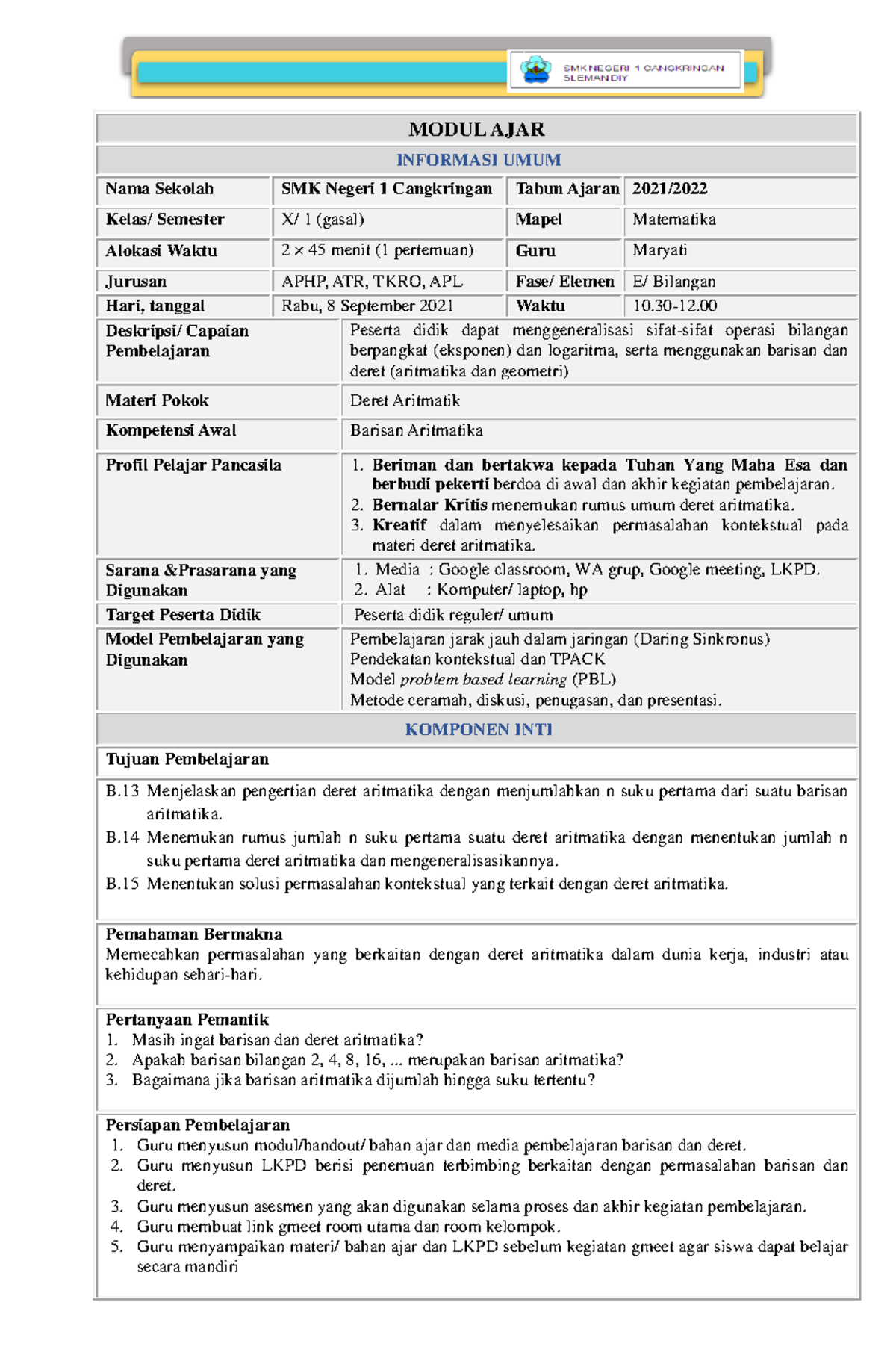 Barisan deret - Materi SMK - MODUL AJAR INFORMASI UMUM Nama Sekolah SMK ...
