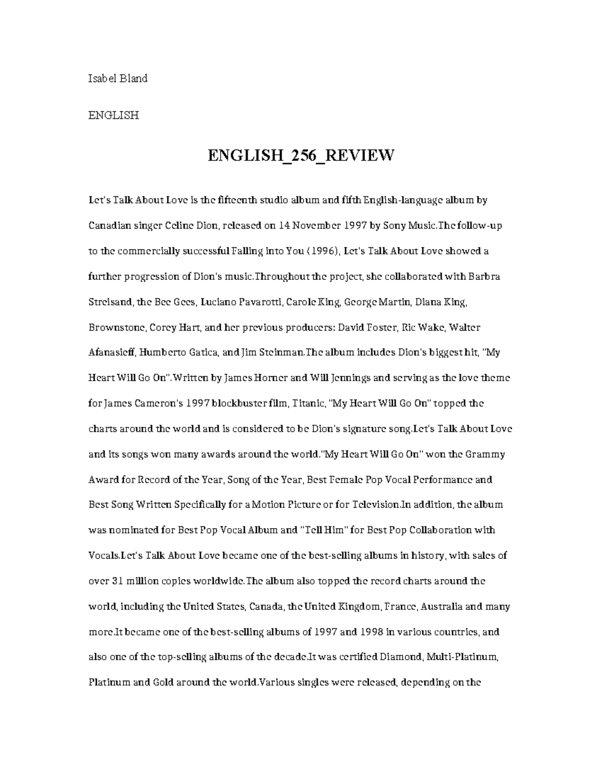 English 256 Review - Isabel Bland ENGLISH ENGLISH_256_REVIEW Let's Talk ...