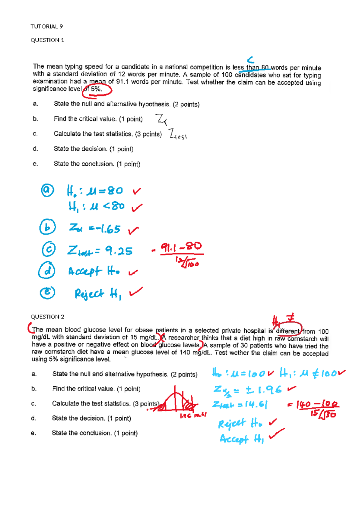 Tutorial 9- with Answer - Introduction To Statistics - TUTORIAL QUESTION QUESTION - Studocu