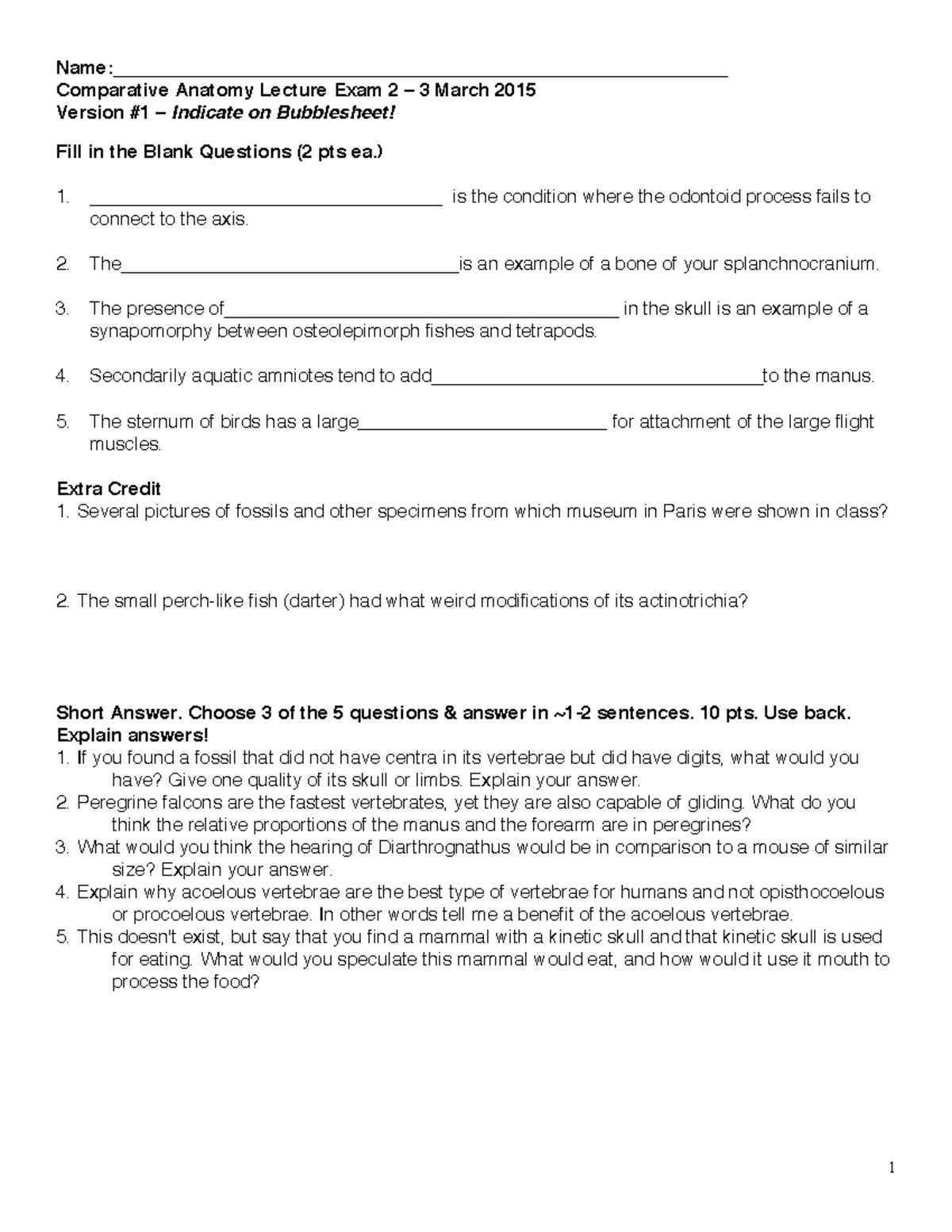 Exam 2 comp anatomy key - Name: Comparative Anatomy Lecture Exam 2 – 3 ...