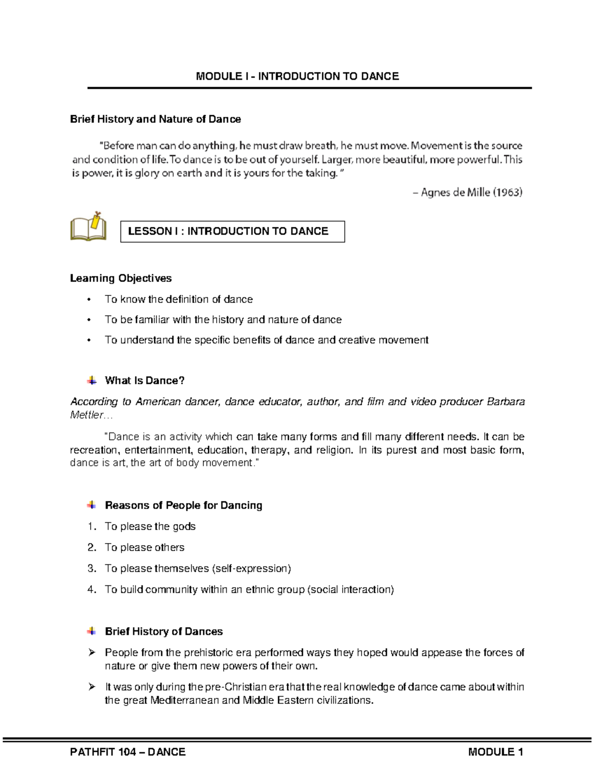Module I - MODULE I - INTRODUCTION TO DANCE Brief History and Nature of ...