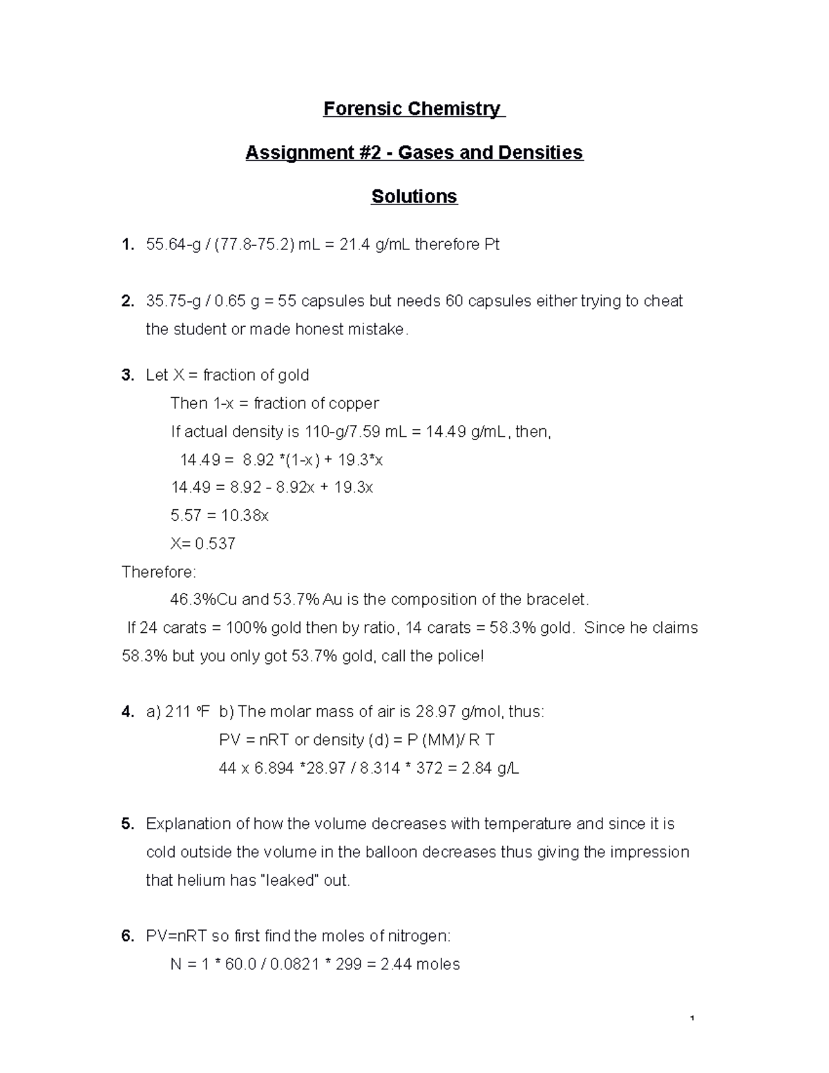 Assignment 2 Forensic Density Solutions F09 F23 - Forensic Chemistry ...