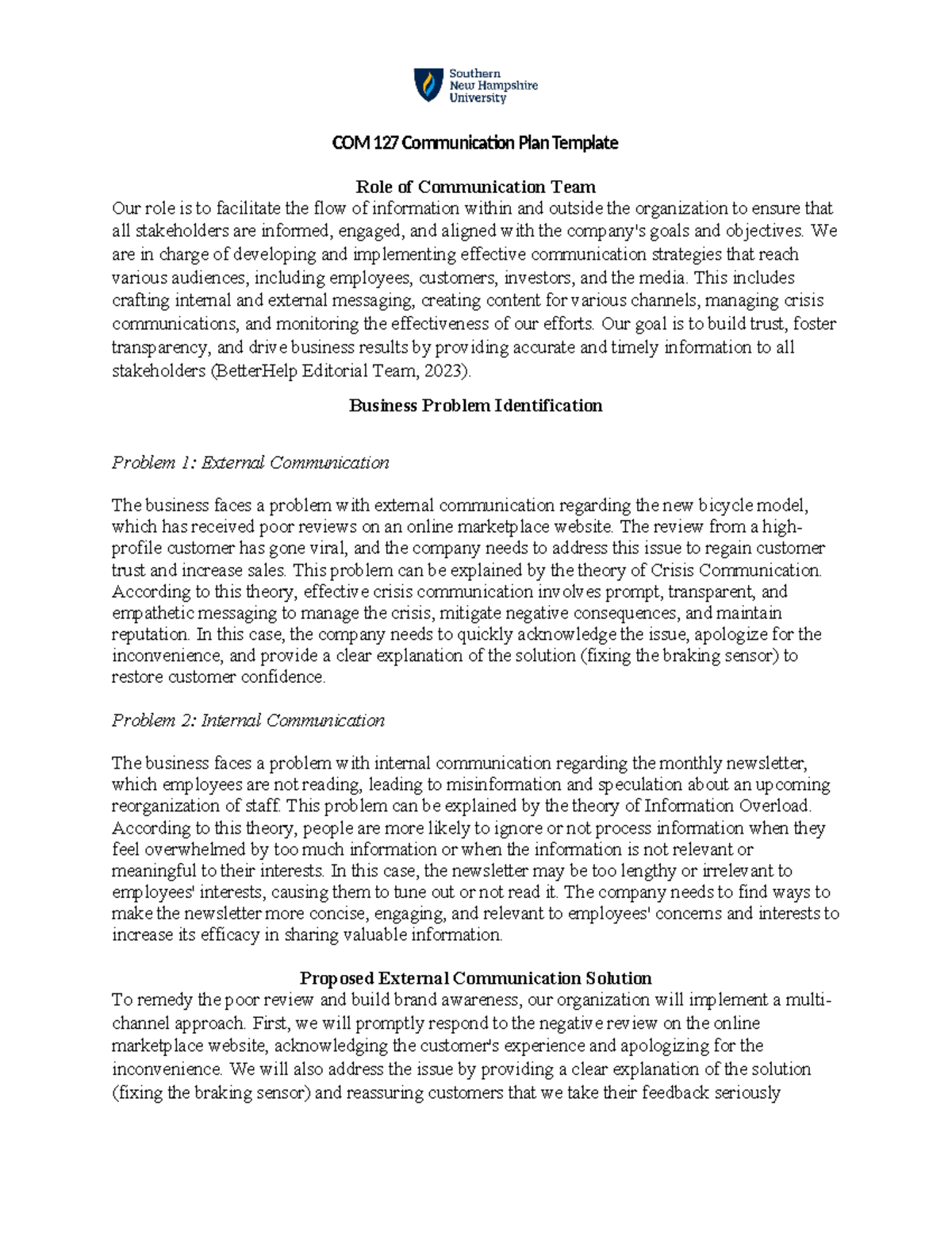 7-2 Project Submission Communication Plan - COM 127 Communication Plan ...
