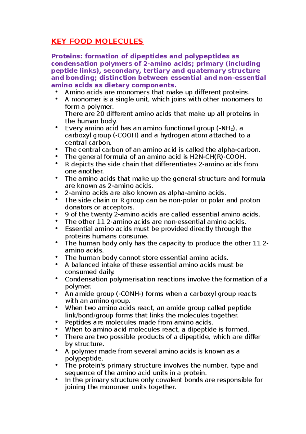 U4 AOS 2 notes - Biomolecules - KEY FOOD MOLECULES Proteins: formation ...