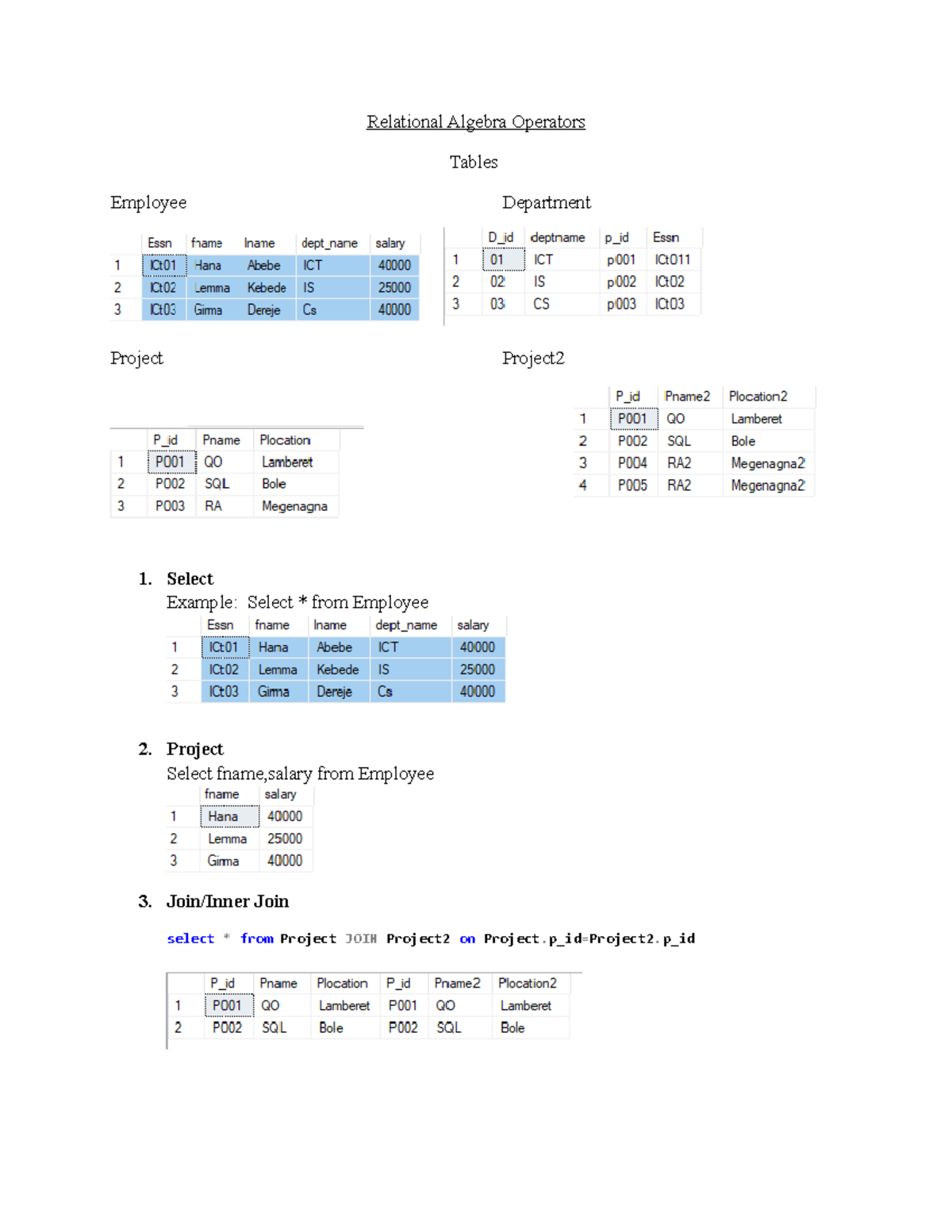 Lab1 basic relational algebra operators - Relational Algebra Operators ...