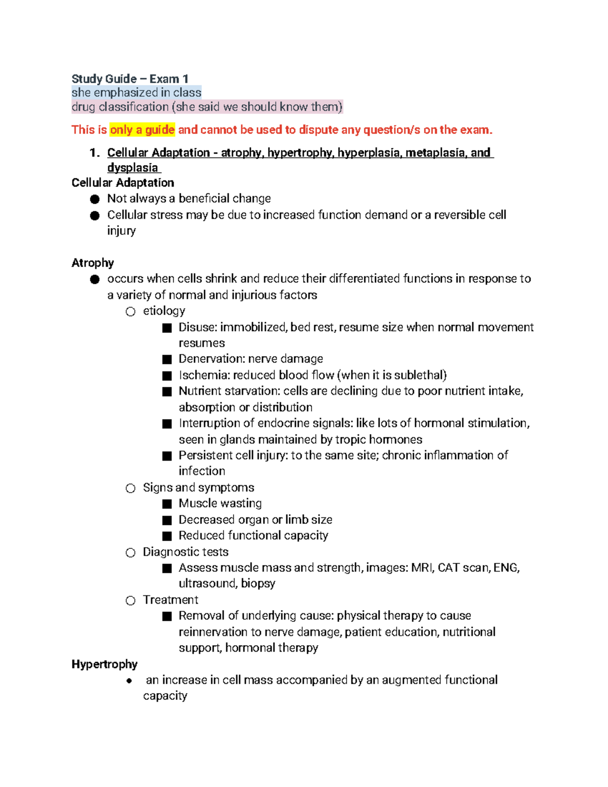 Patho study guide exam 1-2 - Study Guide – Exam 1 she emphasized in ...