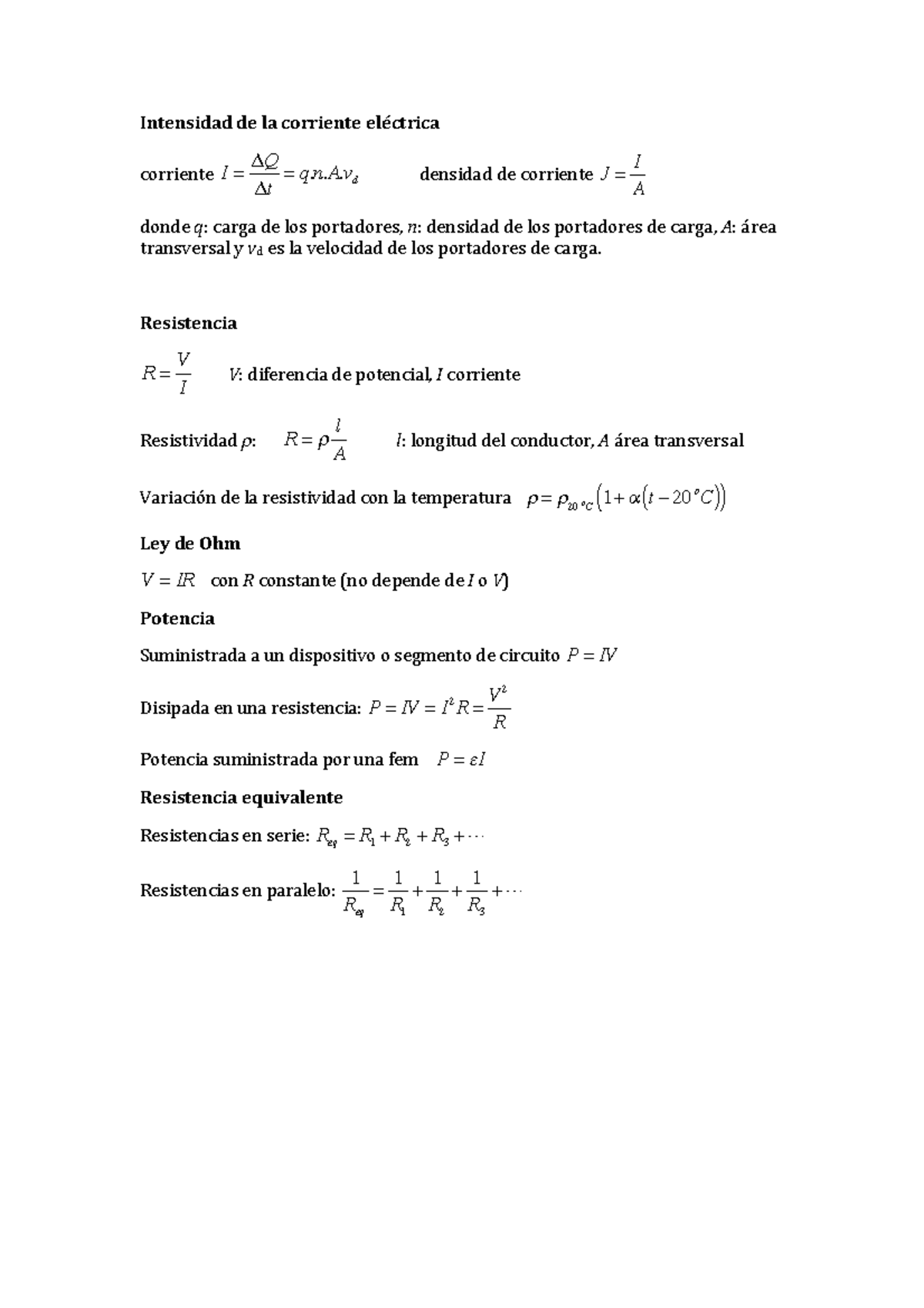 Formulas tema2 - Apuntes 2 - Intensidad de la corriente eléctrica ...