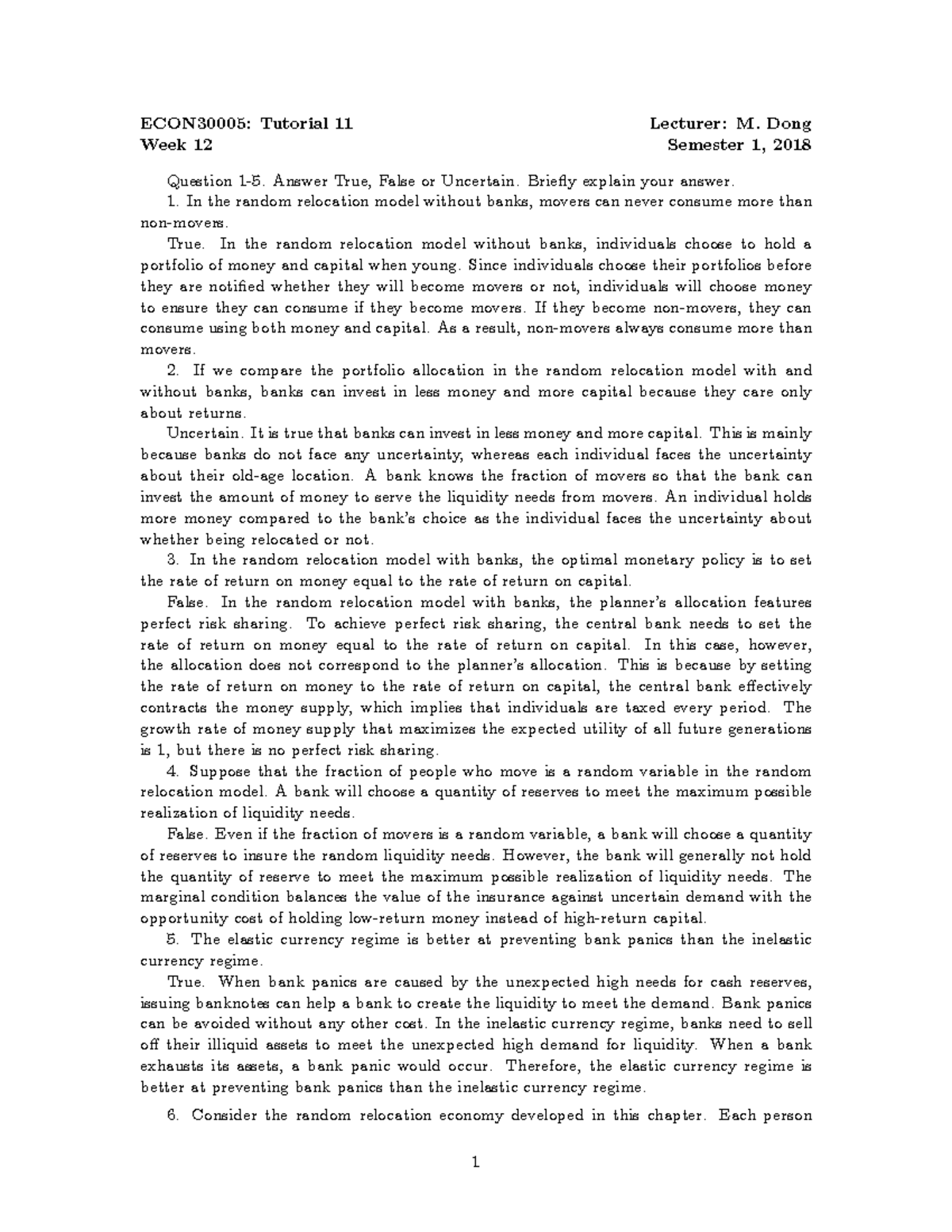 Tutorial 11 answer - ECON30005: Tutorial 11 Week 12 Lecturer: M. Dong ...