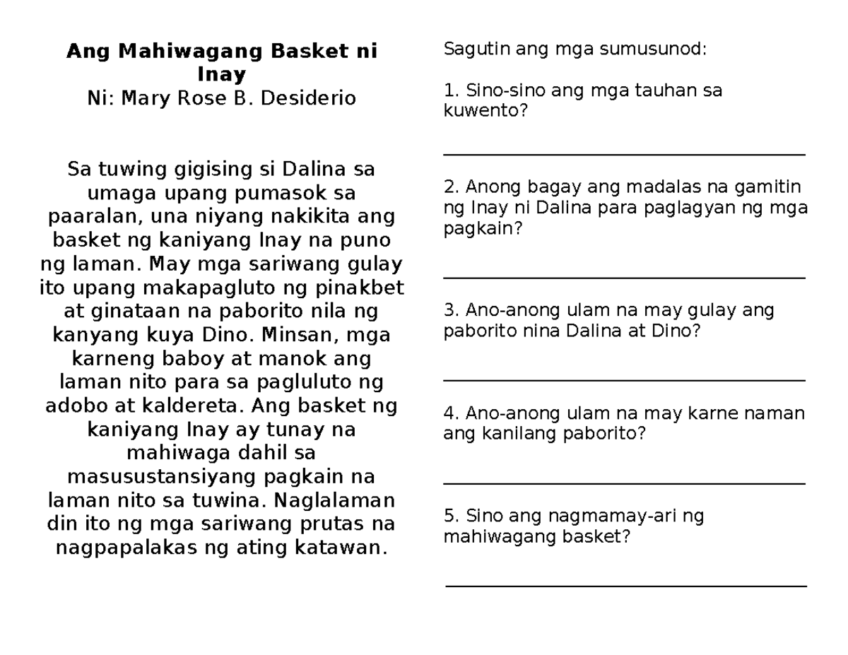 Ang Mahiwagang Basket ni Inay kwento - Ang Mahiwagang Basket ni Inay Ni: Mary Rose B. Desiderio ...