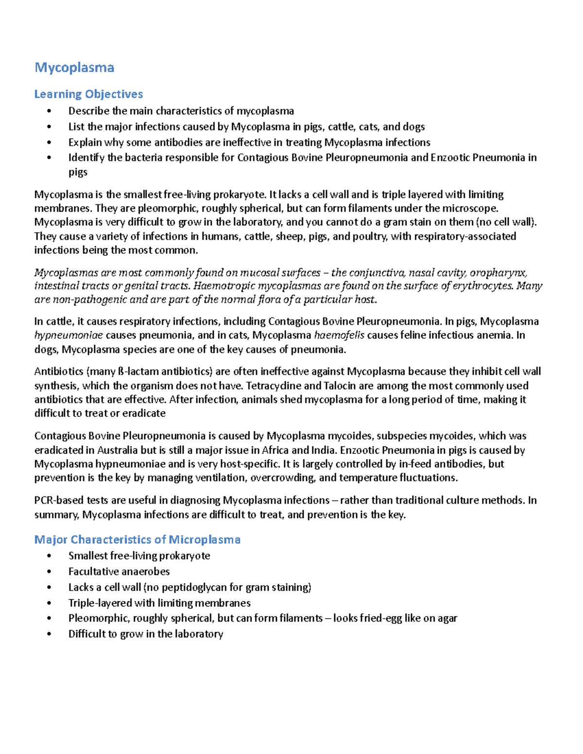Mycoplasma - Complete Lecture Notes - Mycoplasma Learning Objectives ...