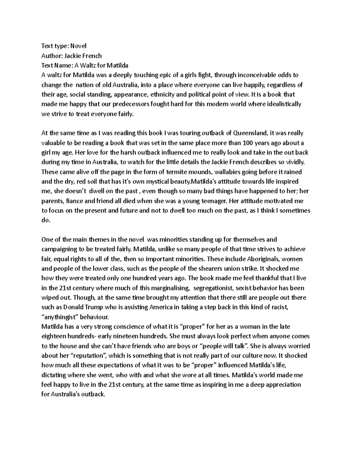Reading Response 4 Text Type Novel Author Jackie French Text Name reading-response-4-text-type-novel-author-jackie-french-text-name