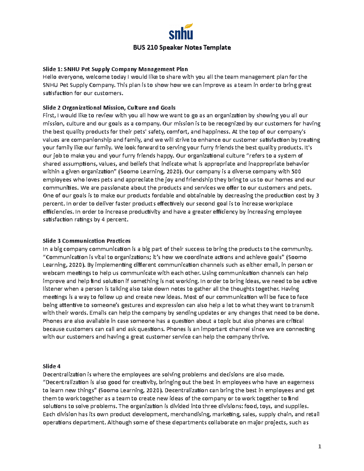 BUS 210 Speaker Notes project 1 - BUS 210 Speaker Notes Template Slide ...