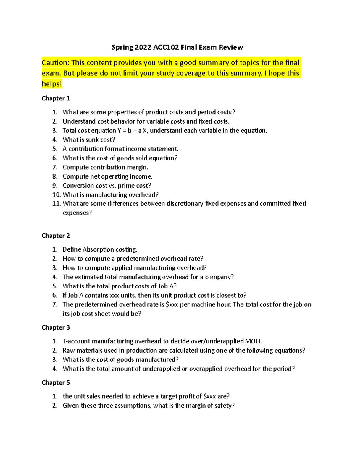 ACC102 Final Exam Summary Topics (May 11 @ 8am) - Spring 2022 ACC102 ...