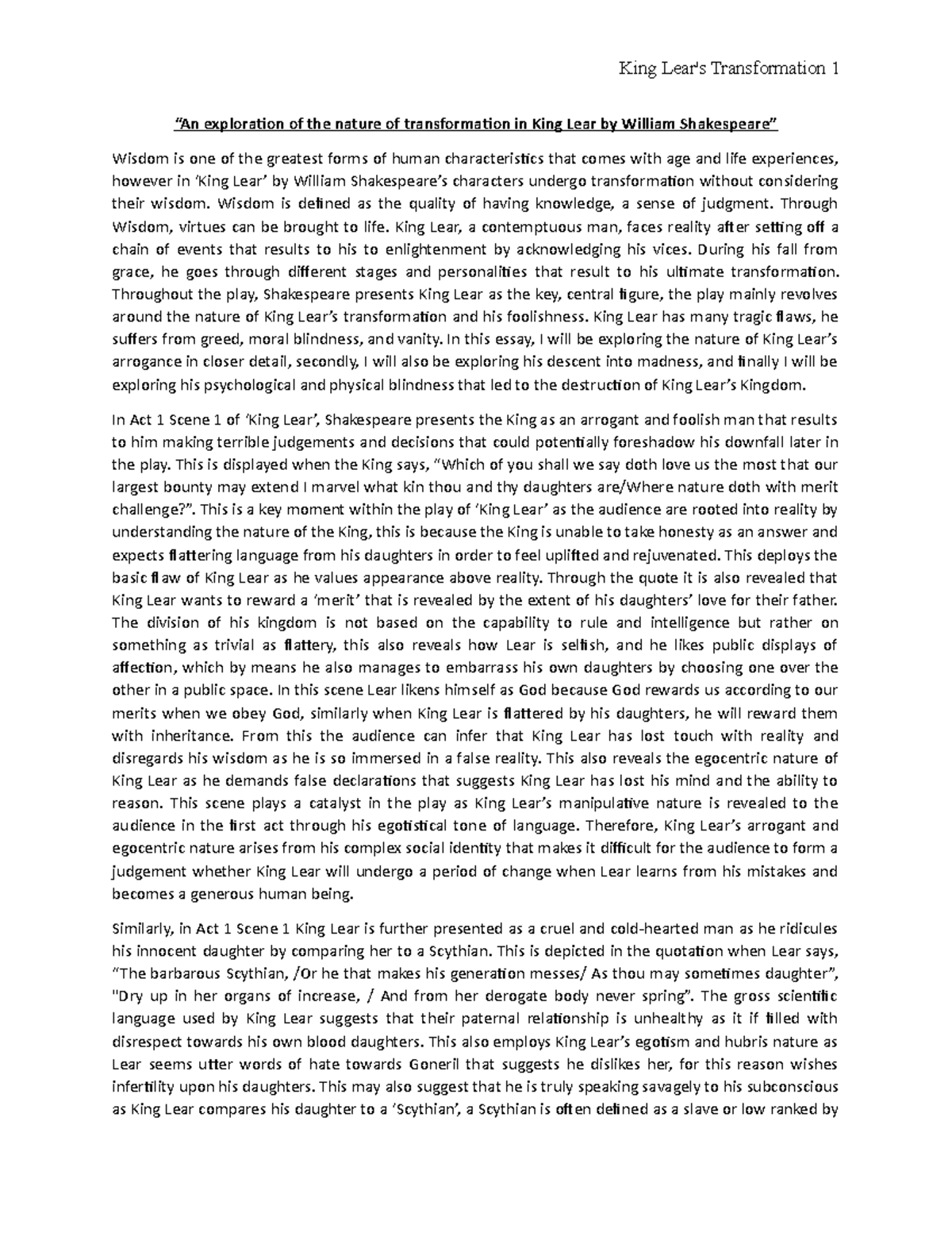 Essay Final King Lear - “An exploration of the nature of transformation ...