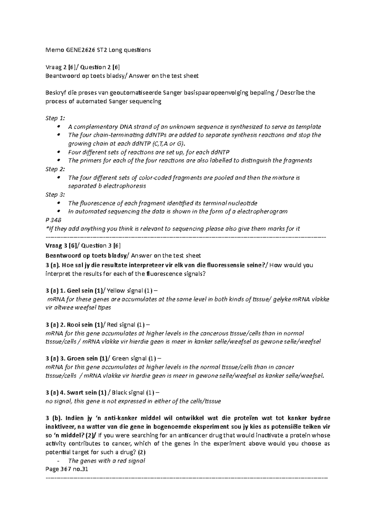 ST2 Memo - QUESTIONS AND ANSWERS - Memo GENE2626 ST2 Long questions ...